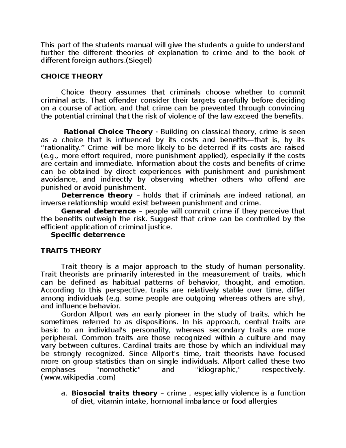 Lecture Notes on Crime Theories (CRIM 101) - Studocu