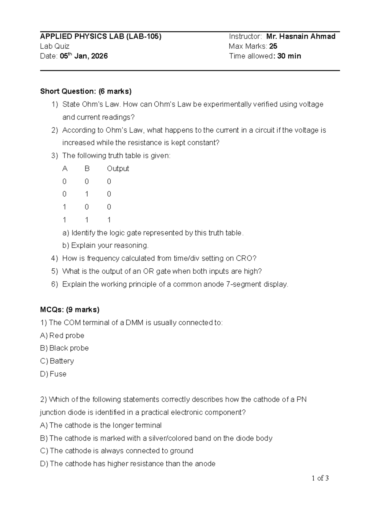 APPLIED PHYSICS LAB Quiz - January 2026 - Studocu