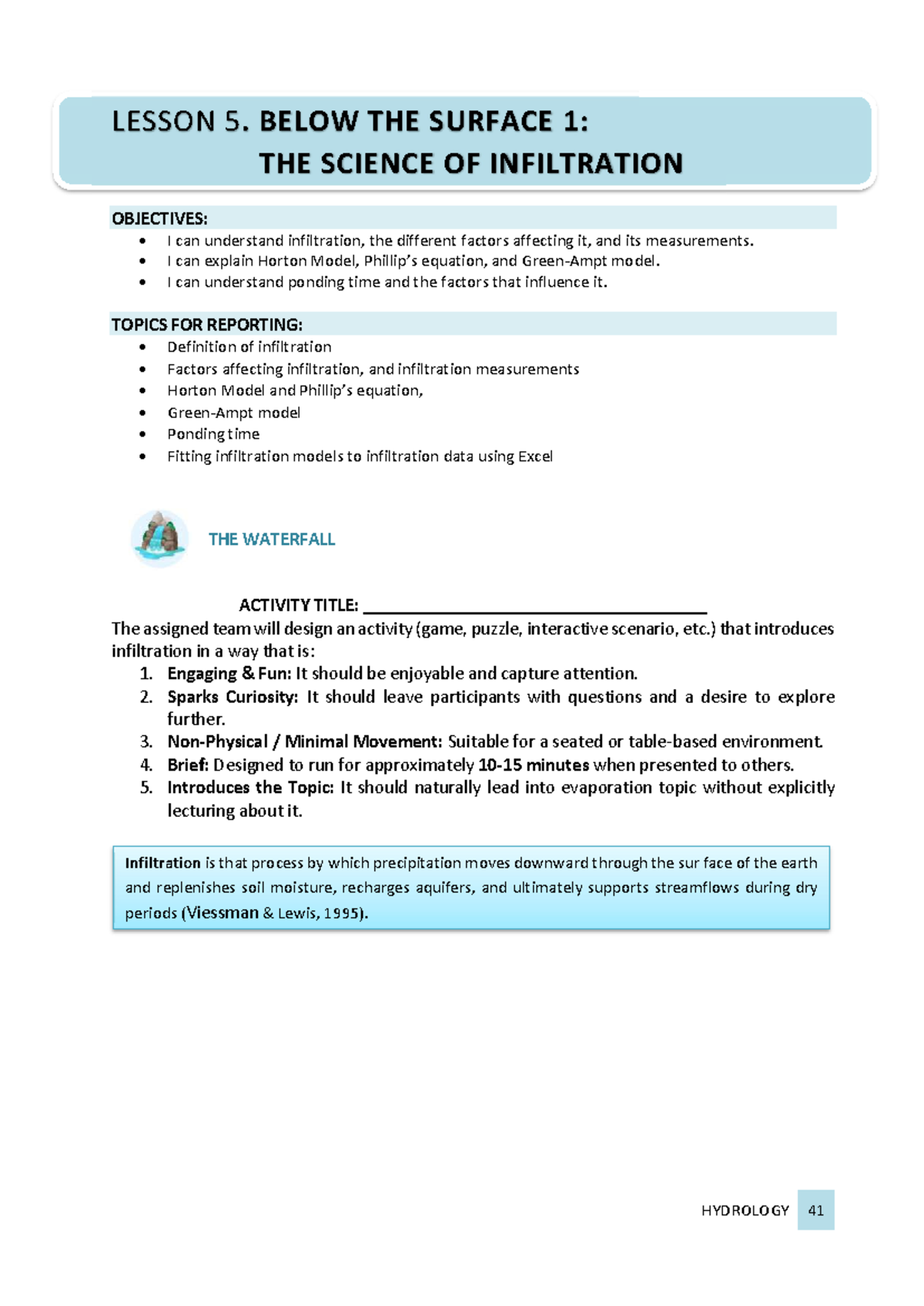Lesson 5: Infiltration Science and Activity Overview (HYDROLOGY 41 ...
