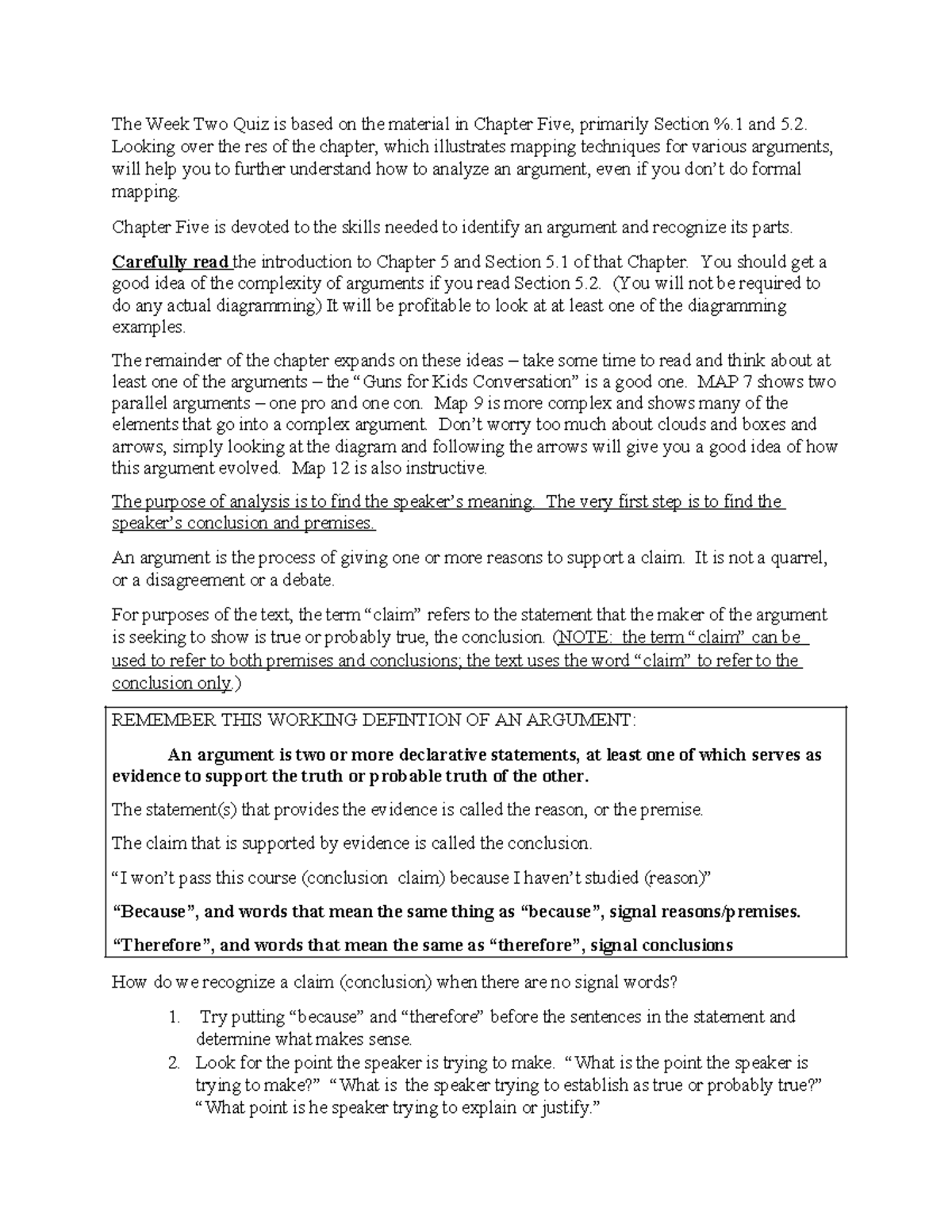 WEEK TWO Quiz Study Guide: Understanding Arguments in Chapter 5 - Studocu
