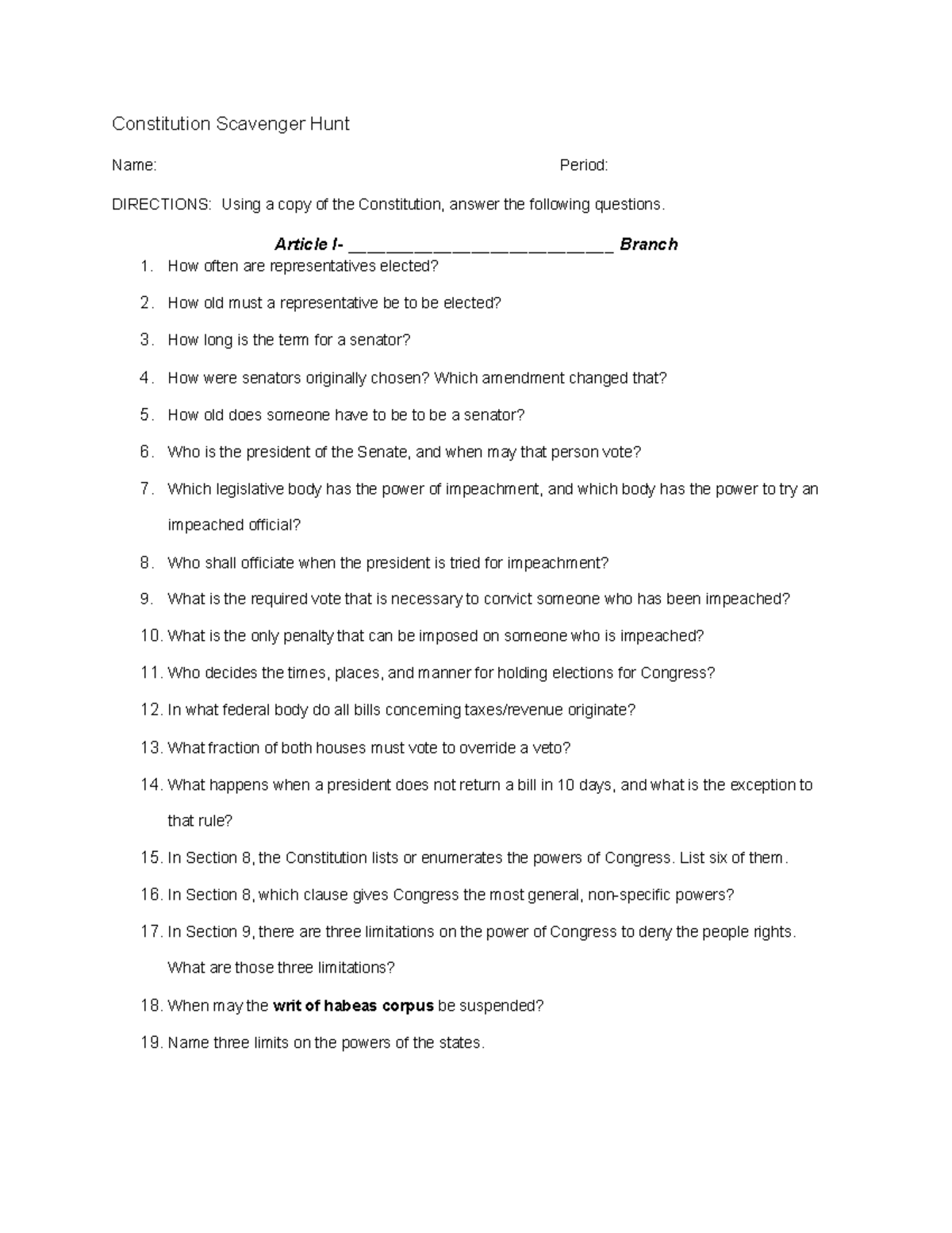 Constitution Scavenger Hunt 2: Key Questions & Answers - Studocu