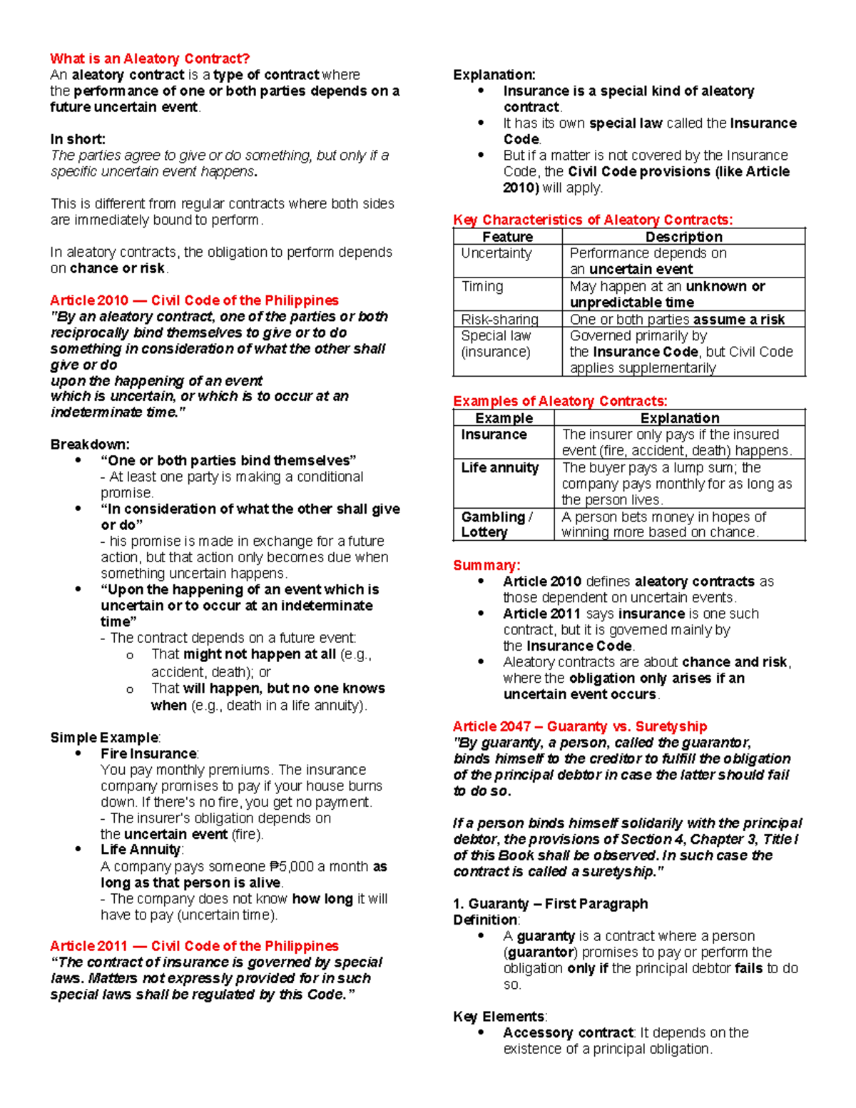 Aleatory Contracts and Insurance: A Comprehensive Review (LAW 101 ...