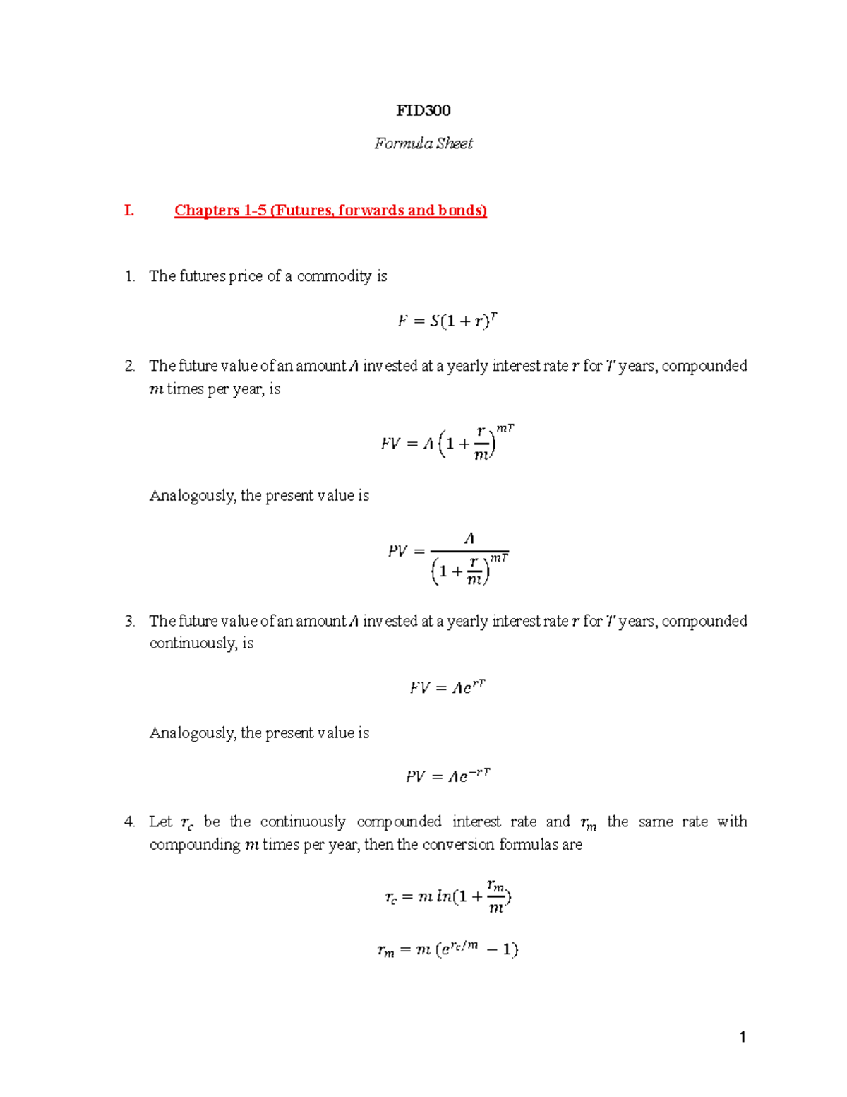 FID300 Formula Sheet: Futures, Forwards, and Bonds Overview - Studocu