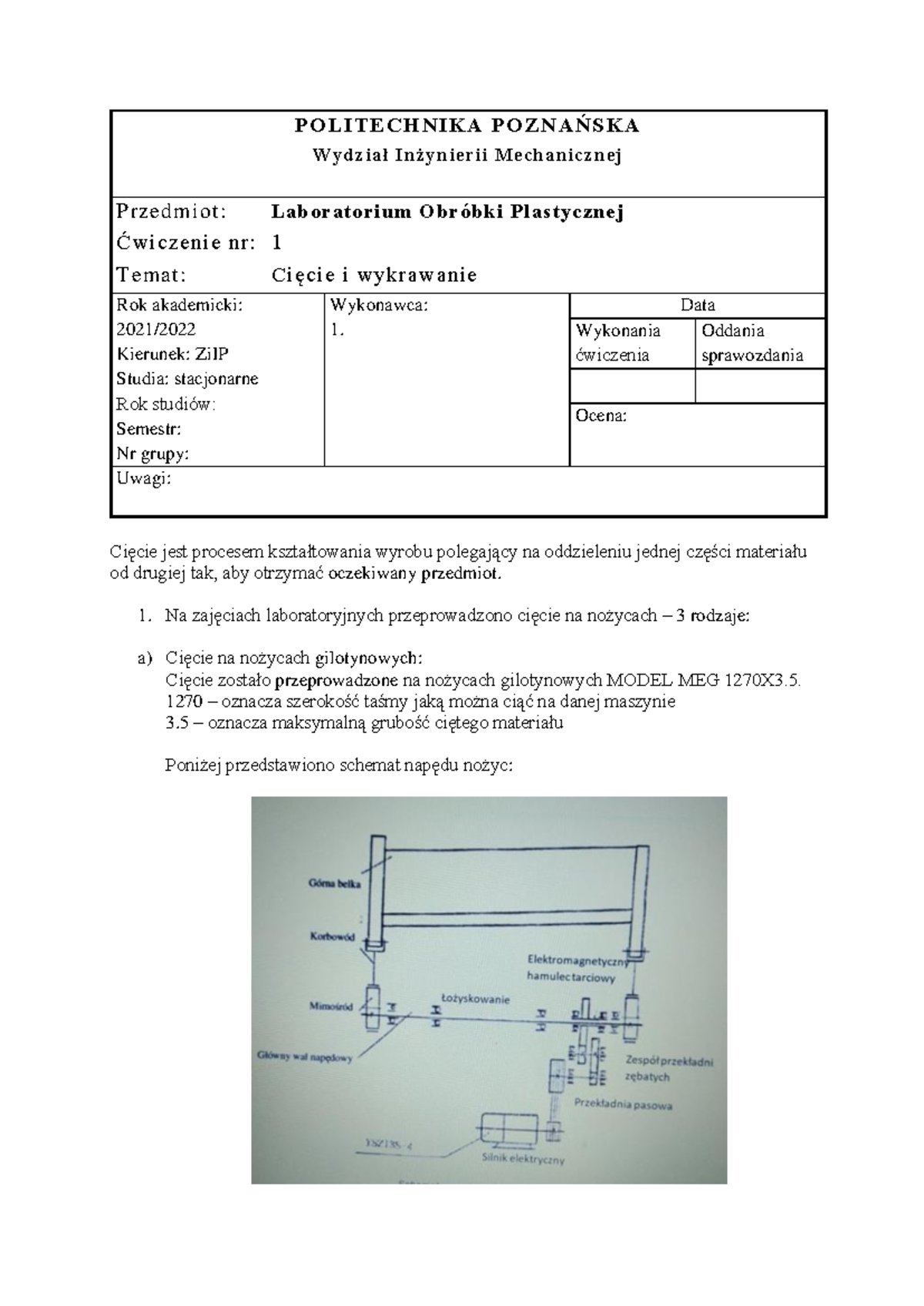 OP cięcie i wykrawanie sprawozdanie - POLITECHNIKA POZNAŃSKA Wydział ...
