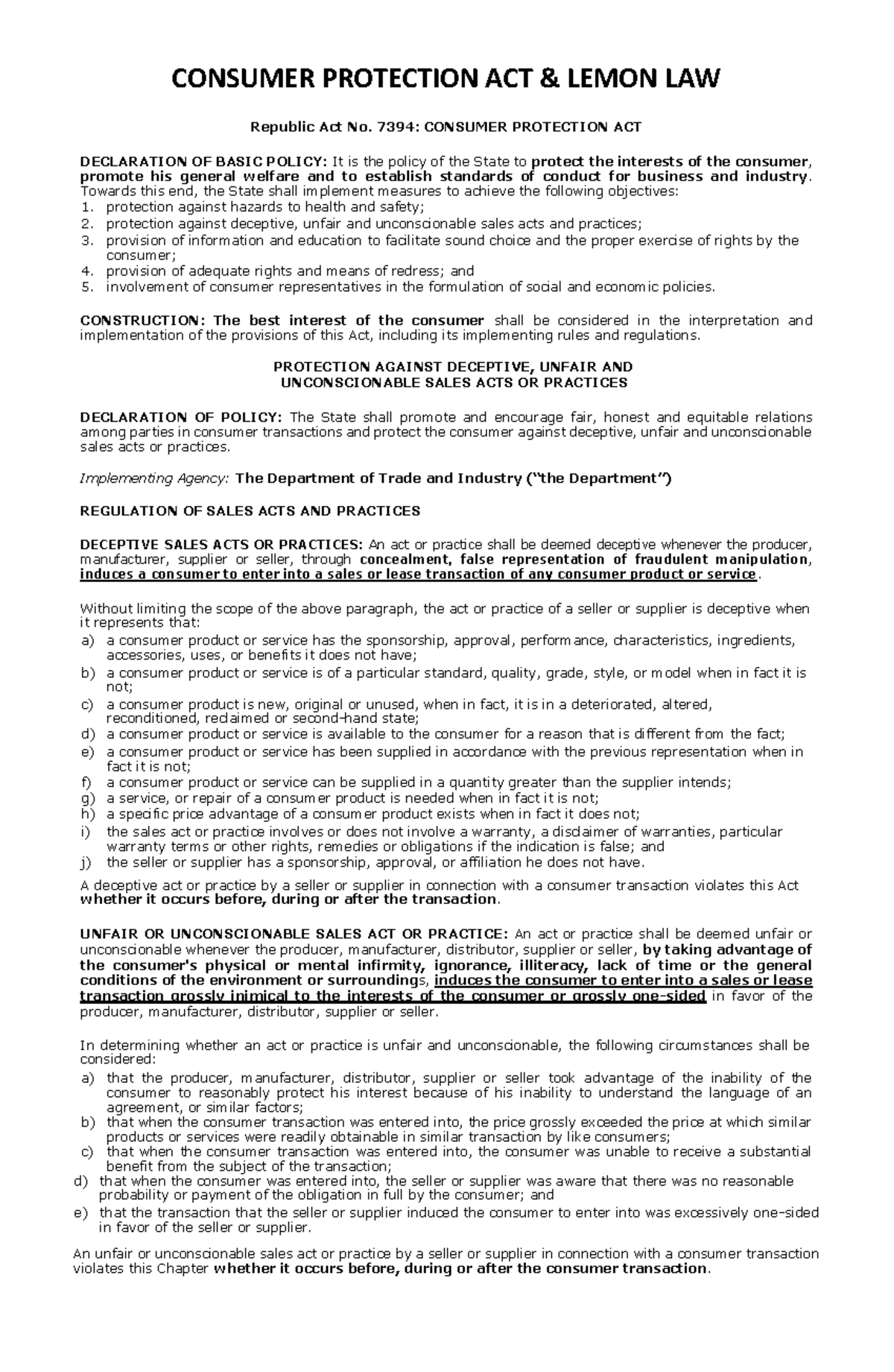 Consumer Protection Act: Understanding the Lemon Law (RA No. 7394 ...