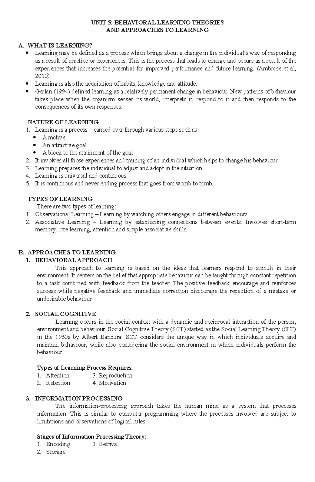 UNIT 5: BEHAVIORAL LEARNING THEORIES & LEARNING APPROACHES - Studocu