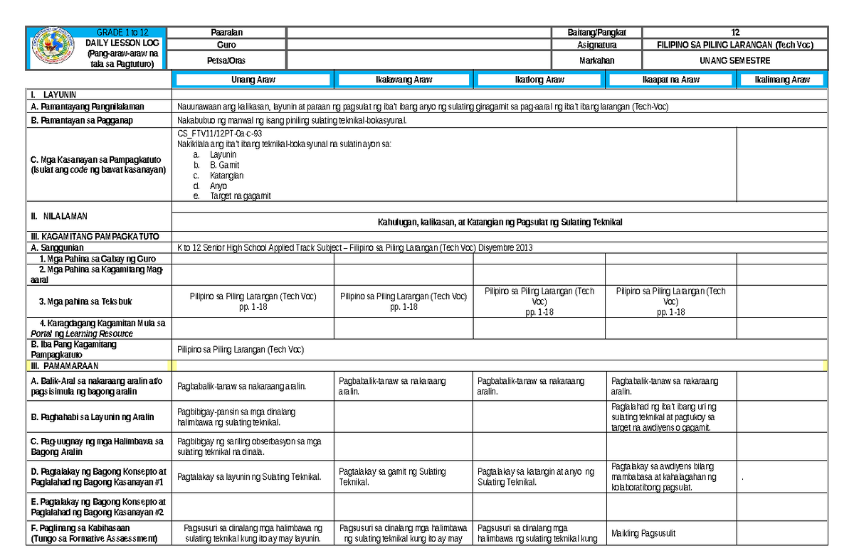 GRADE 12 FILIPINO SA PILING LARANGAN (Tech Voc) DAILY LESSON LOG - Studocu