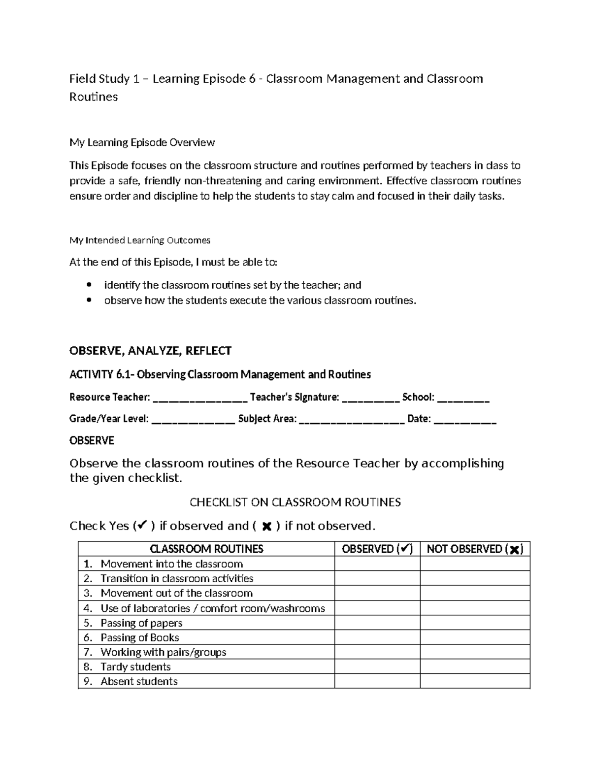 FS 1 Ep 6-10: Classroom Management & Routines Observations and ...