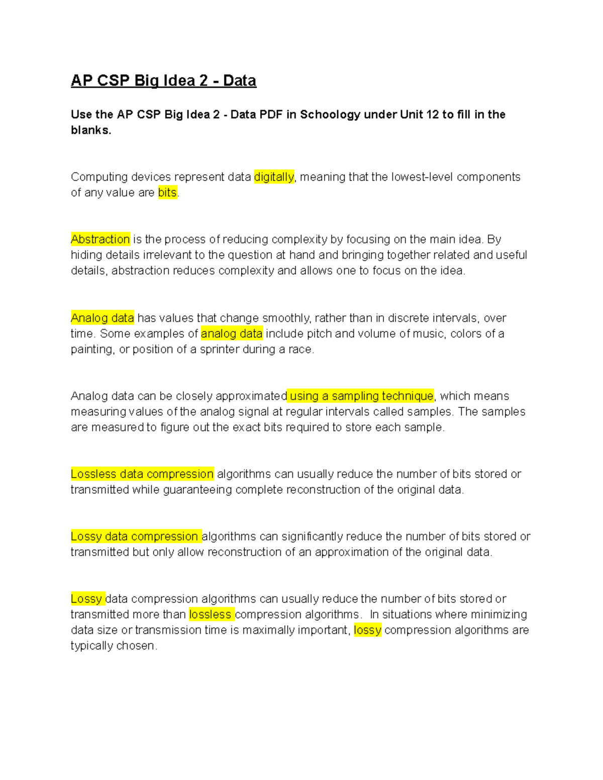 AP CSP Big Idea 2 - Data Worksheet Review Guide - Studocu