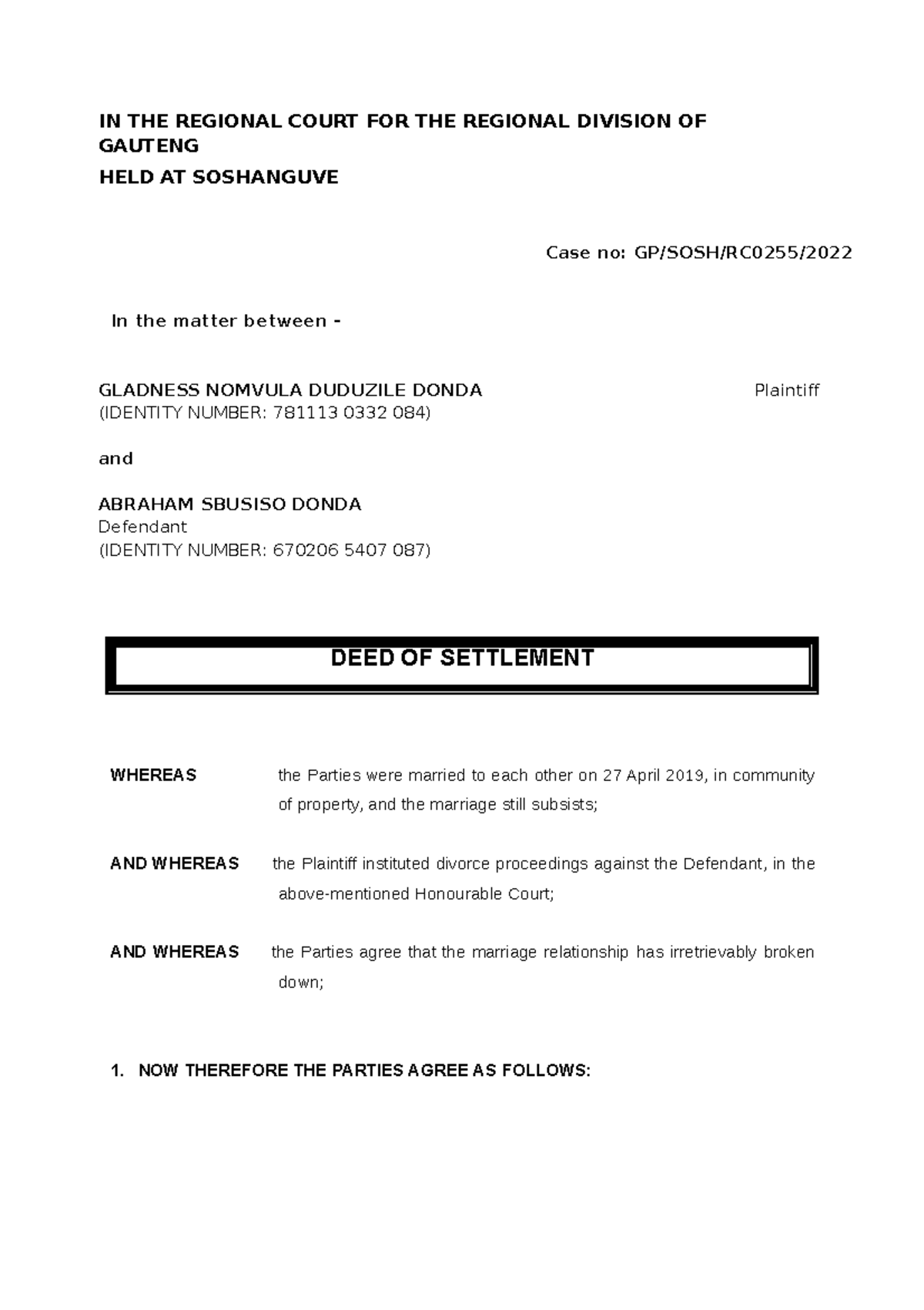 Divorce Settlement Agreement - Case No: GP/SOSH/RC0255/2022 - Studocu