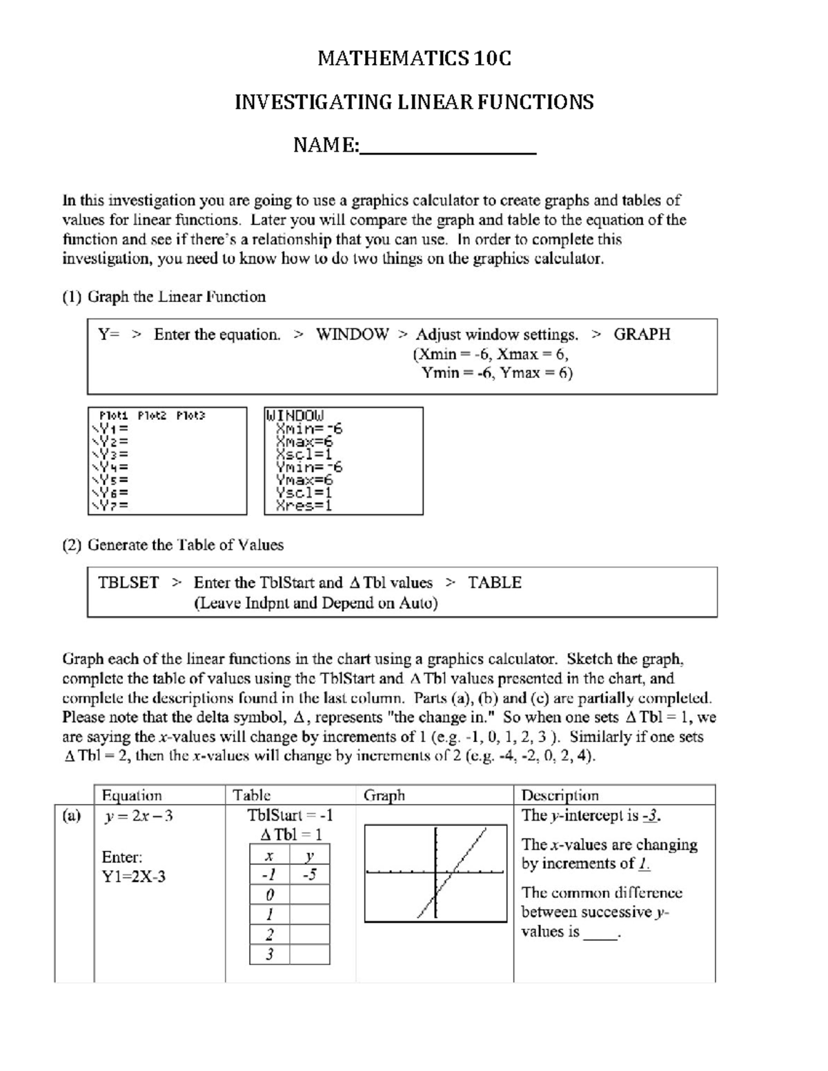 MATH LAB- Investigating Linear Functions ( Graphing Intercepts ...