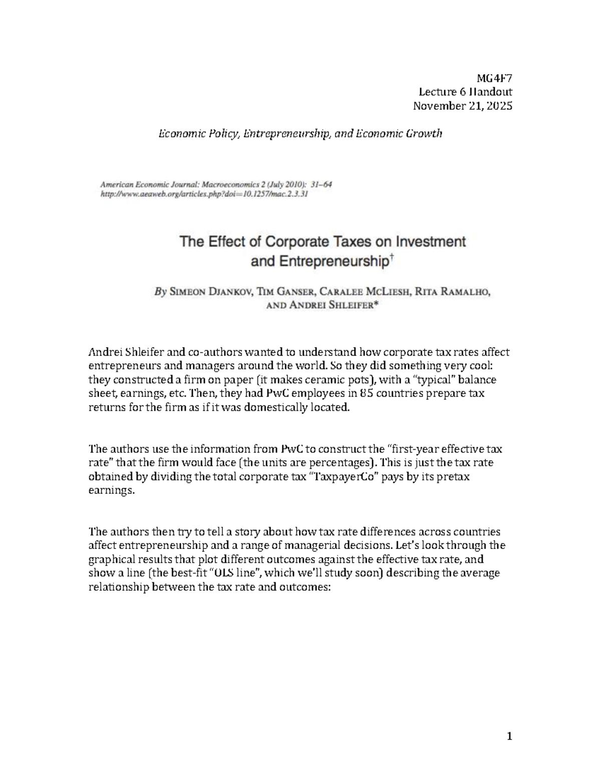 MG4F7 Lecture 6 Handout: Economic Policy & Tax Impact on ...