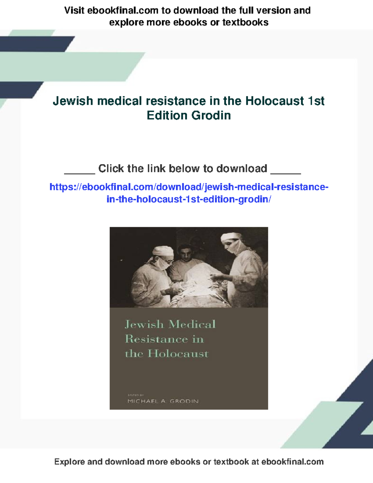 Jewish Medical Resistance in the Holocaust: 1st Edition by Grodin - Studocu