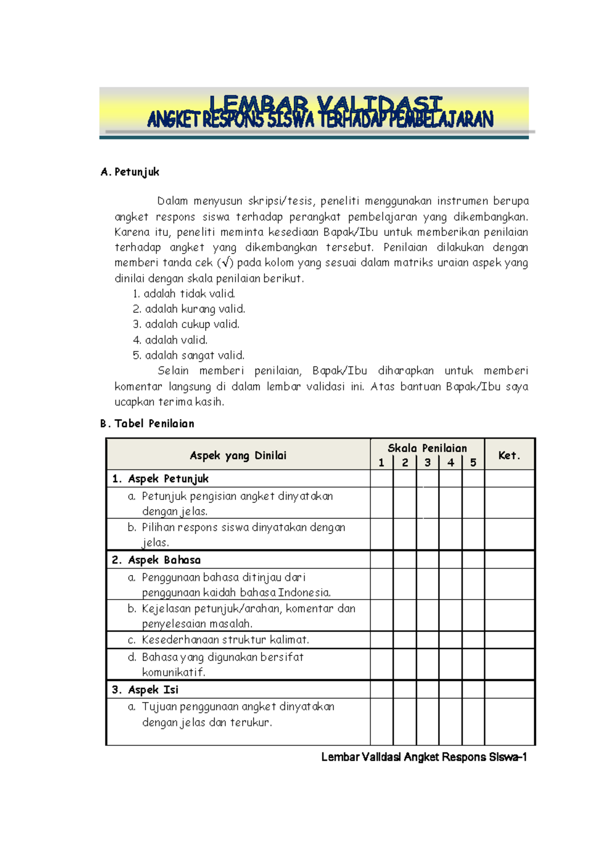 Lembar Validasi Angket Respons Siswa - Instrumen Penelitian dan ...