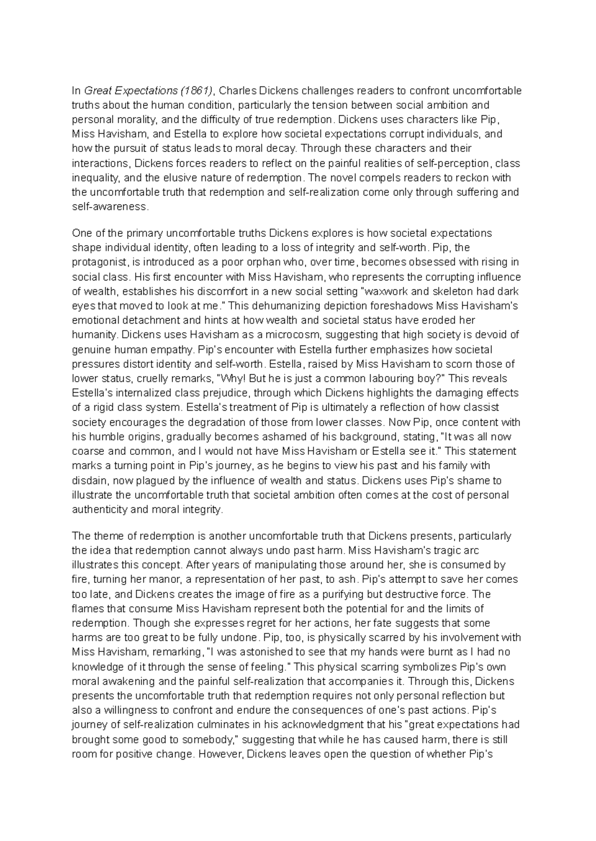 ENG 101: Essay on Redemption and Social Ambition in Great Expectations ...