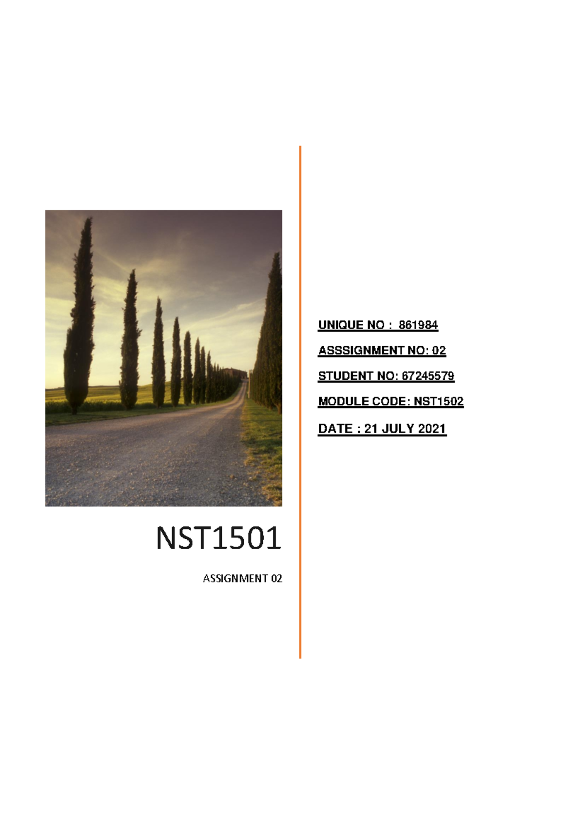 NST1502 Assignment 02 - NST NST ASSIGNMENT UNIQUE NO : ASSSIGNMENT NO: STUDENT NO: MODULE CODE ...