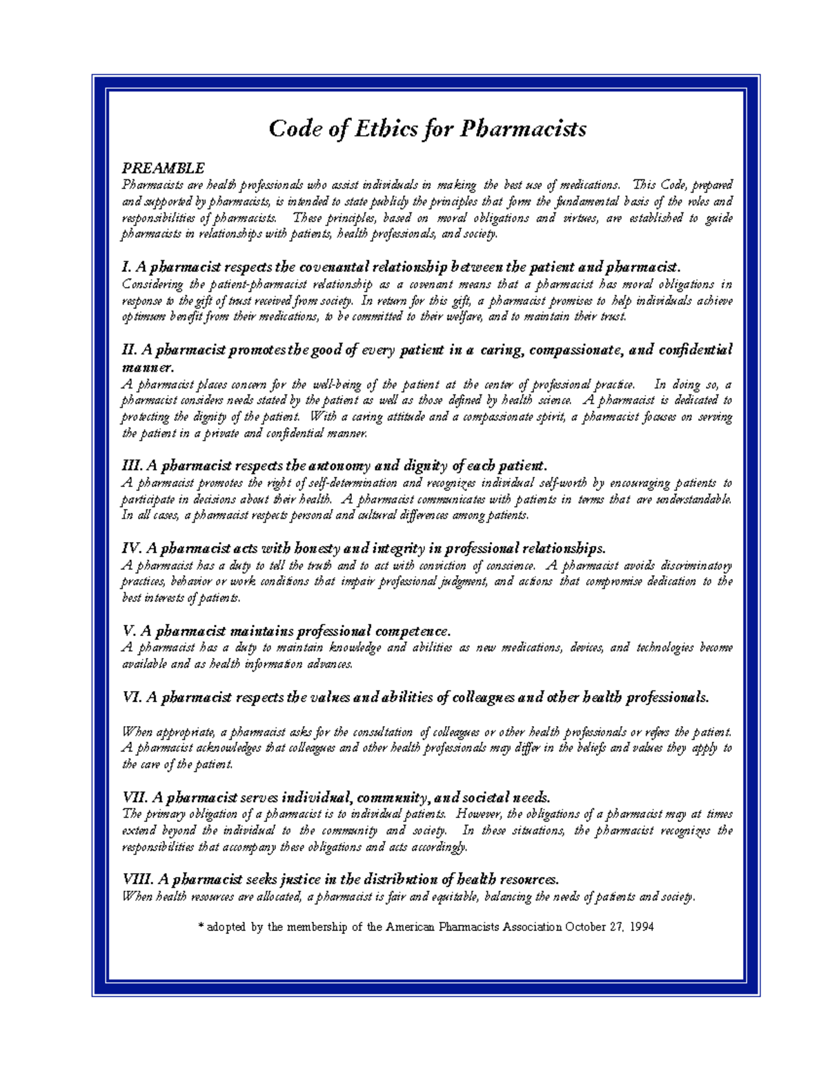 Code of Ethics for Pharmacists: Principles & Responsibilities - Studocu