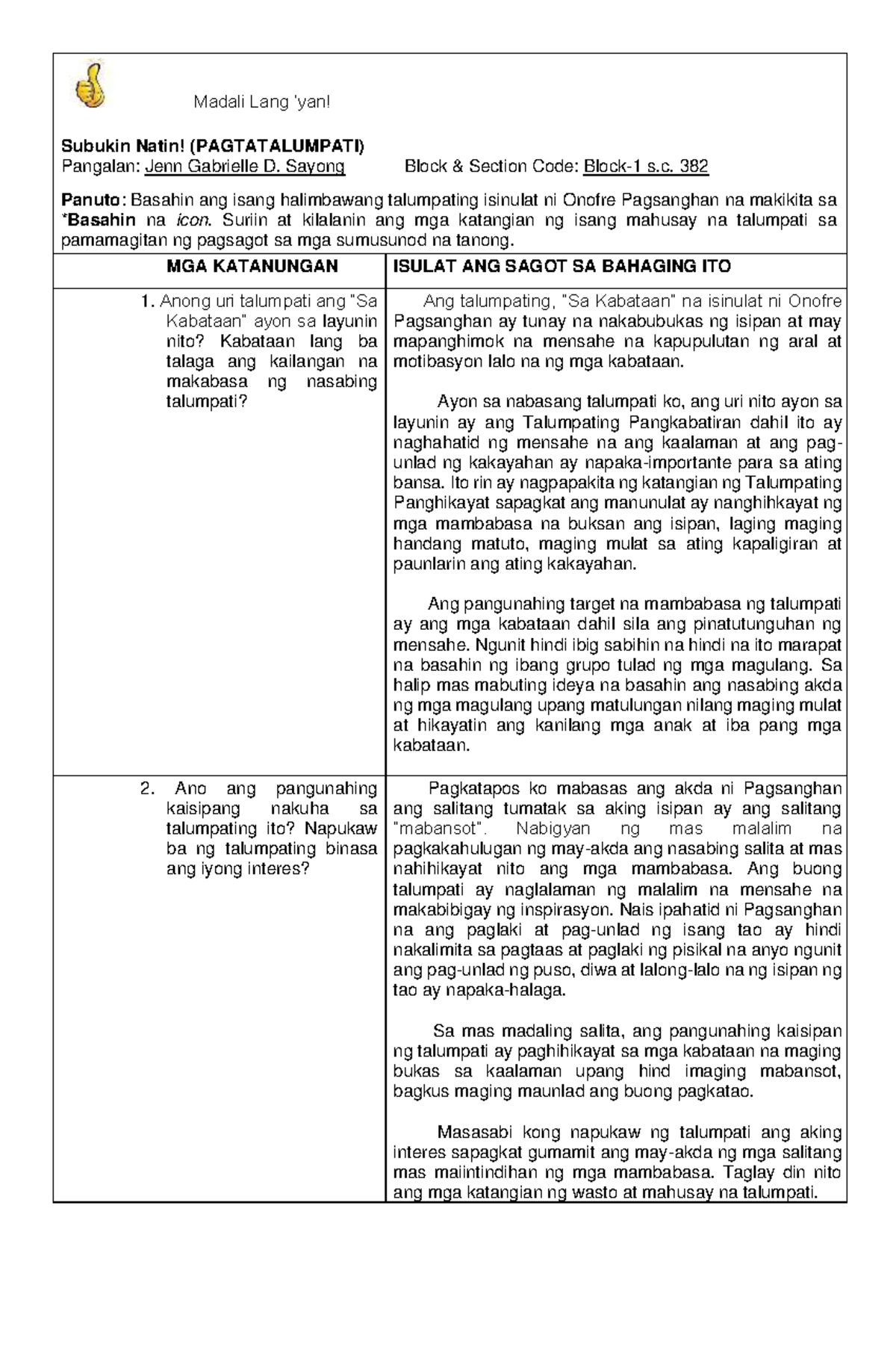 Filipin UNIT 5 Sayong - given - Madali Lang ‘yan! Subukin Natin ...