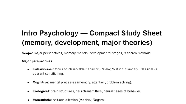 Intro Psychology — Compact Study Sheet on Memory & Development - Studocu