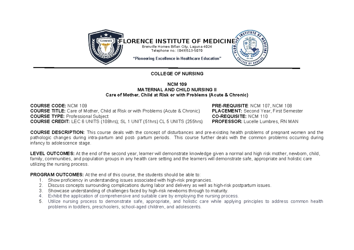 NCM 109 Course Syllabus: Maternal & Child Nursing II Overview - Studocu