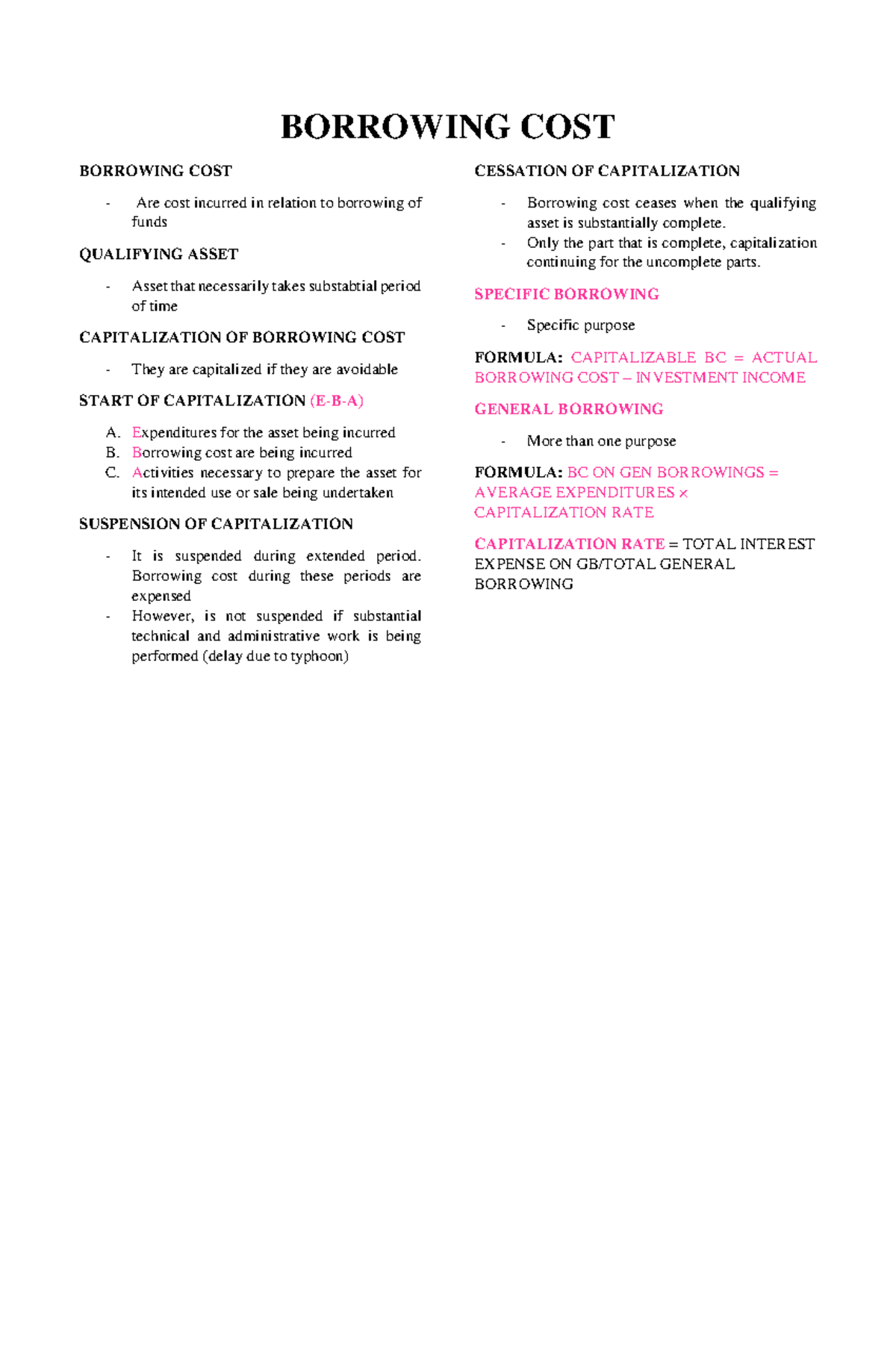 Borrowing Cost Overview - AWAW Lecture Notes on Capitalization - Studocu
