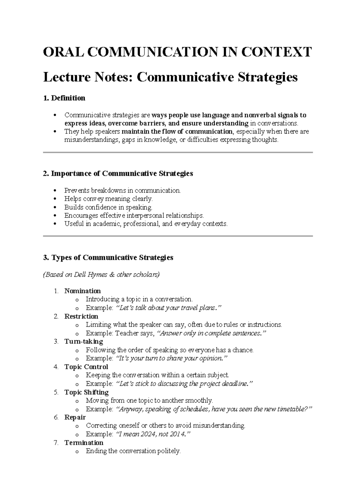 ORAL COMMUNICATION IN CONTEXT (ENG 101) Lecture Notes: Communicative ...