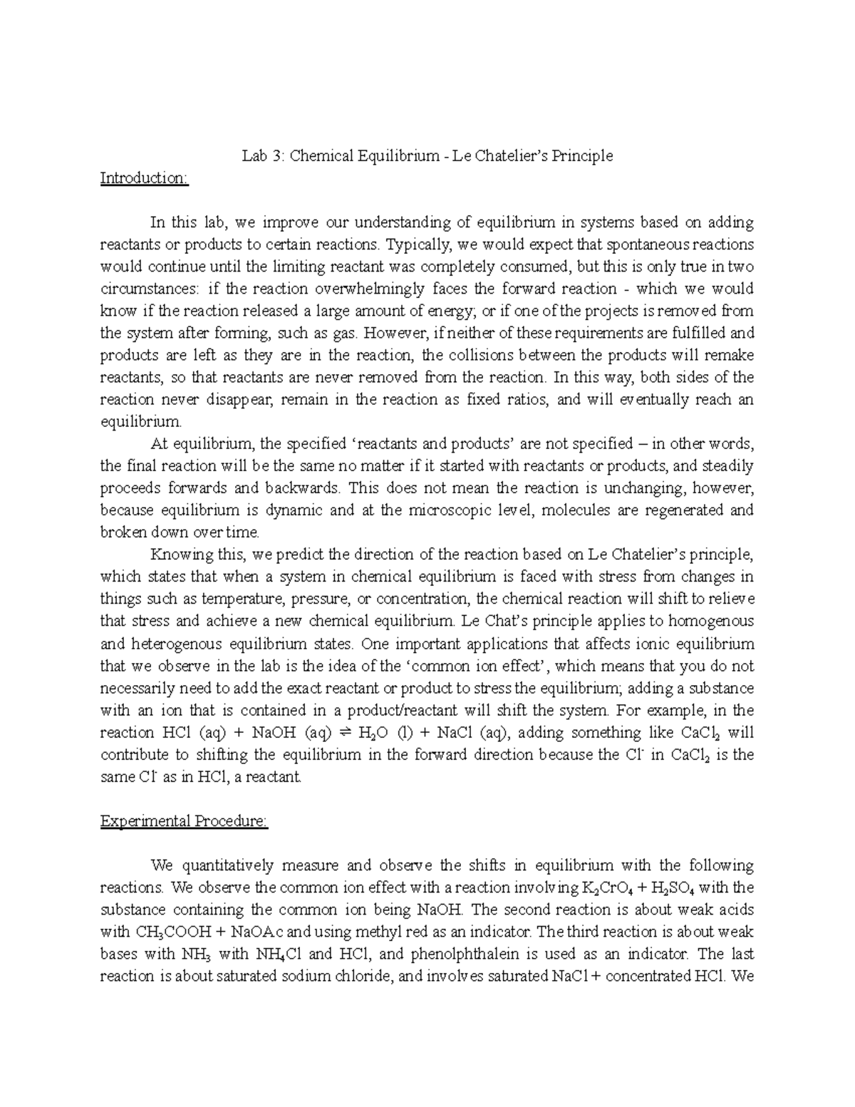 Lab 3: Understanding Chemical Equilibrium & Le Chatelier’s Principle ...