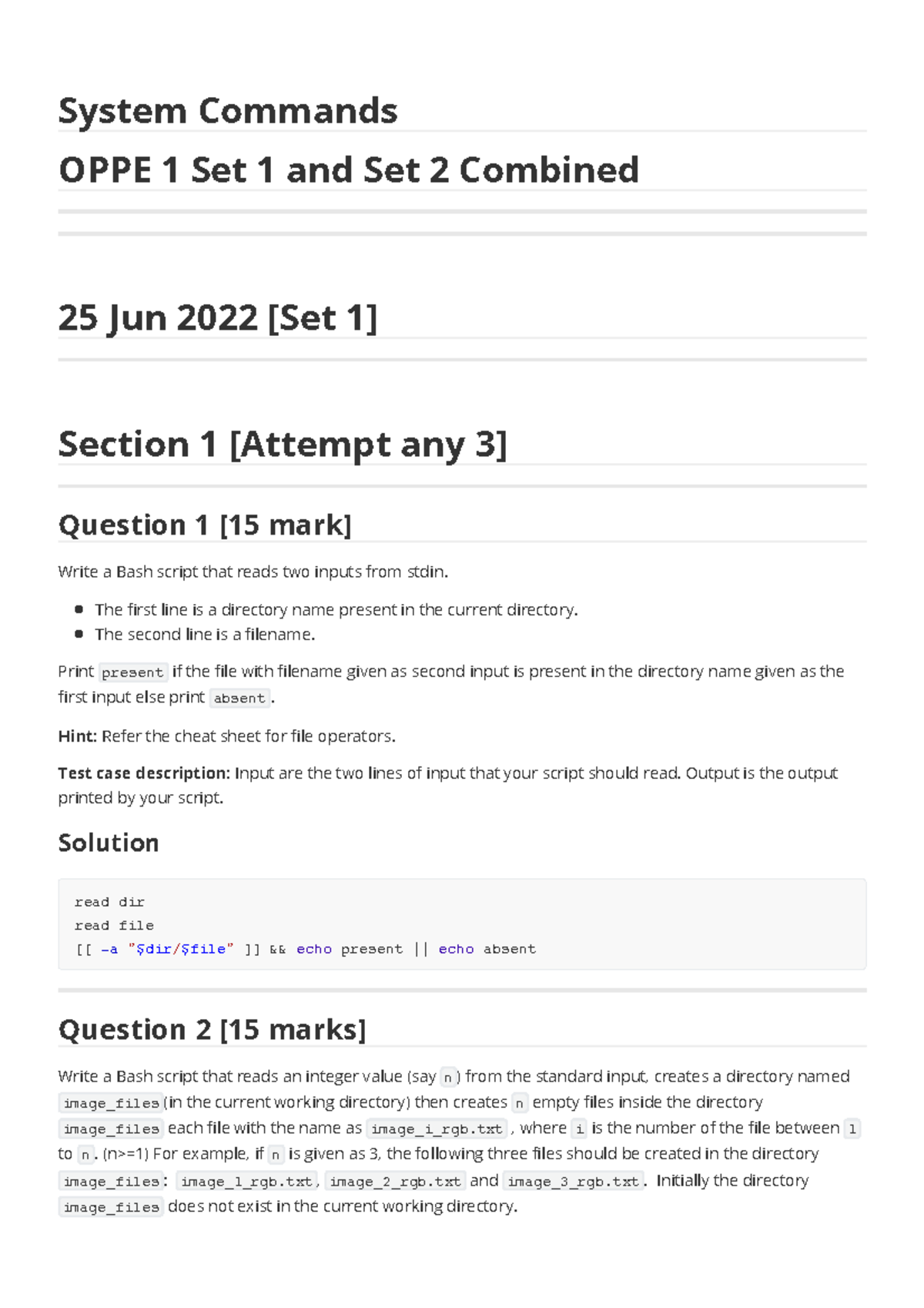 OPPE 1 Set 1 & 2 Combined Qs with Solutions for Bash Scripting - Studocu