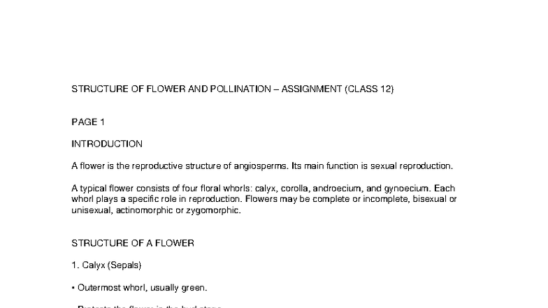 Flower and Pollination Assignment - STRUCTURE OF FLOWER AND POLLINATION – ASSIGNMENT (CLASS 12 ...