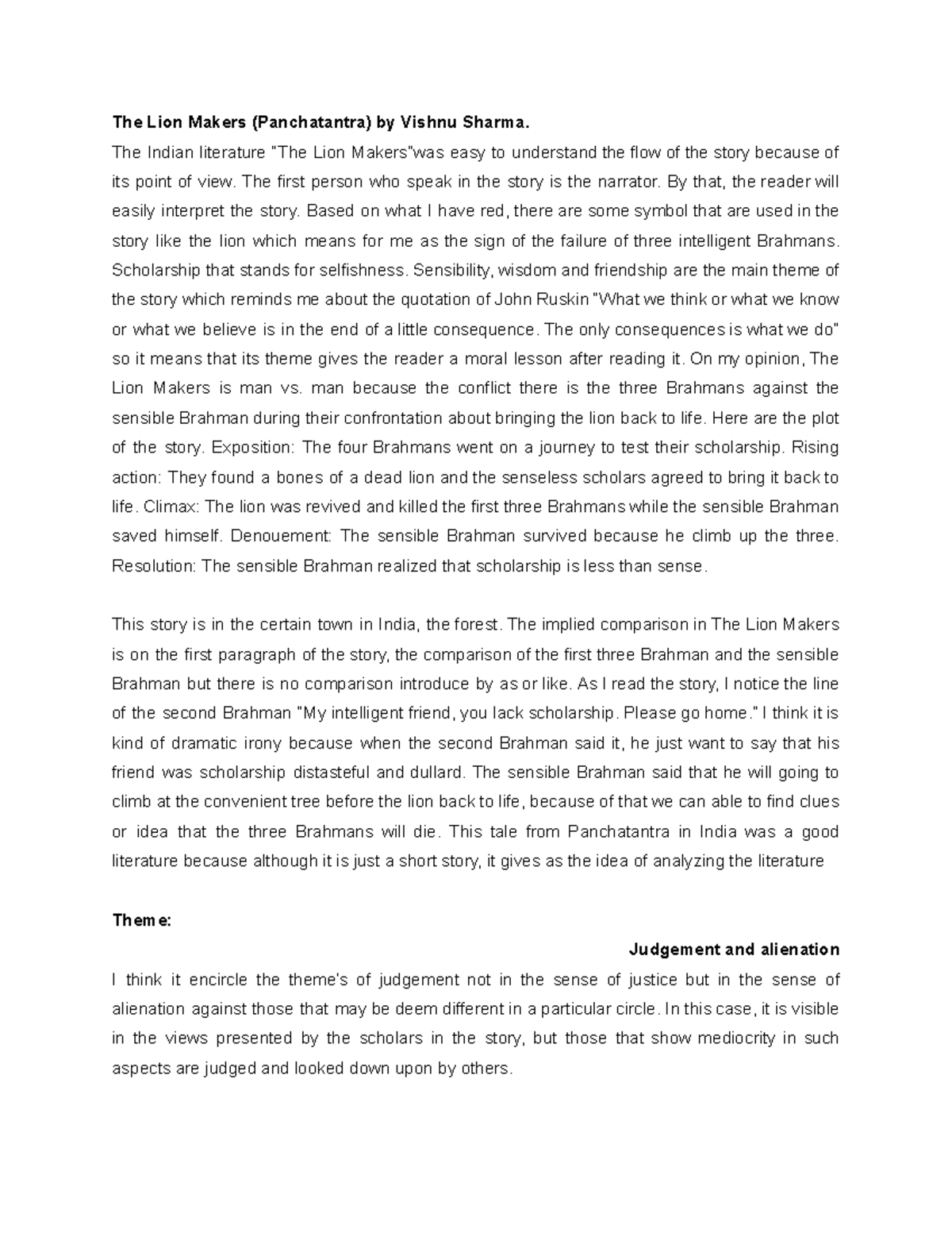 Analysis of "The Lion Makers" (Panchatantra) by Vishnu Sharma - Studocu