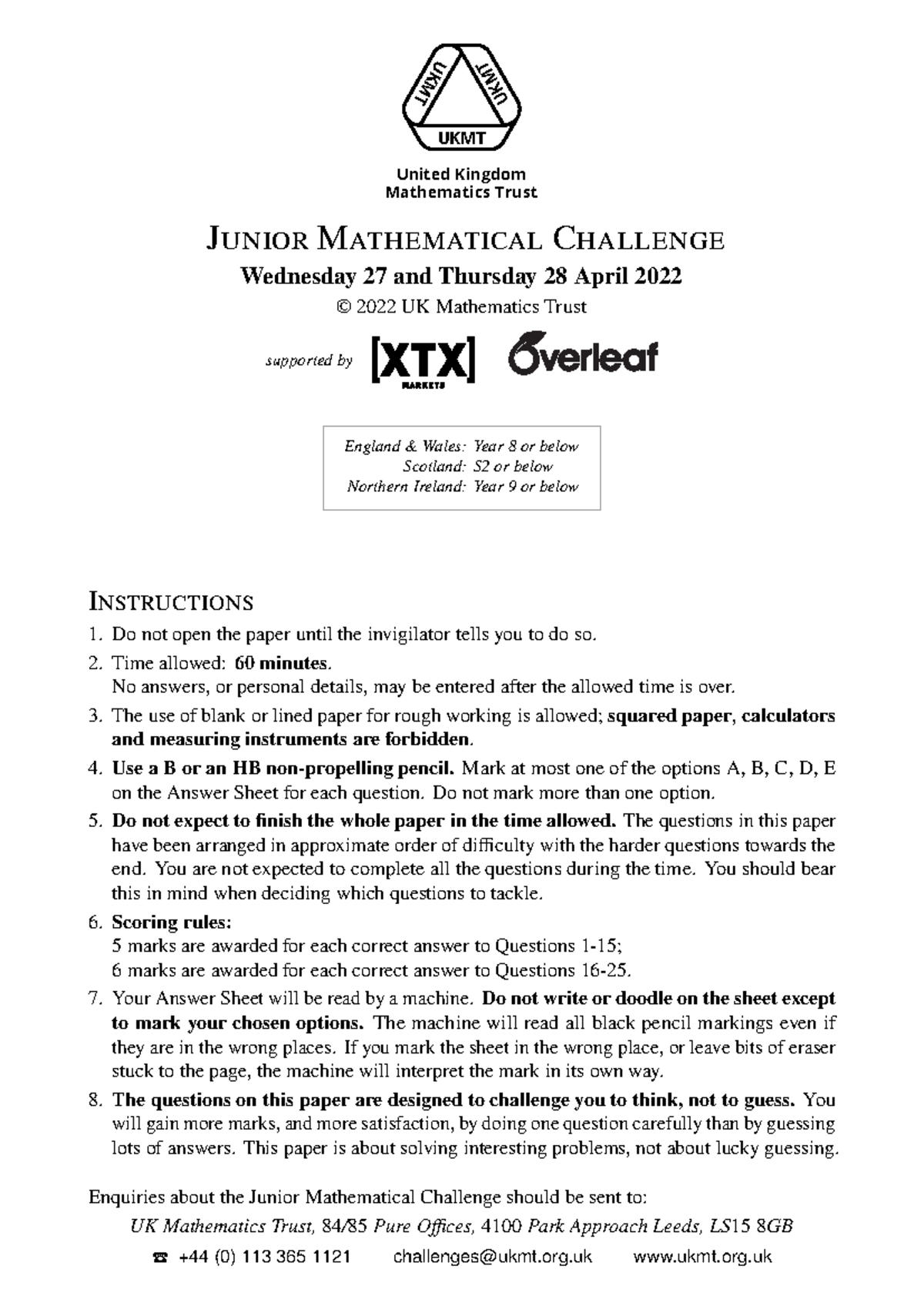 JMC 2022 Paper - UK Mathematics Trust Junior Mathematical Challenge ...