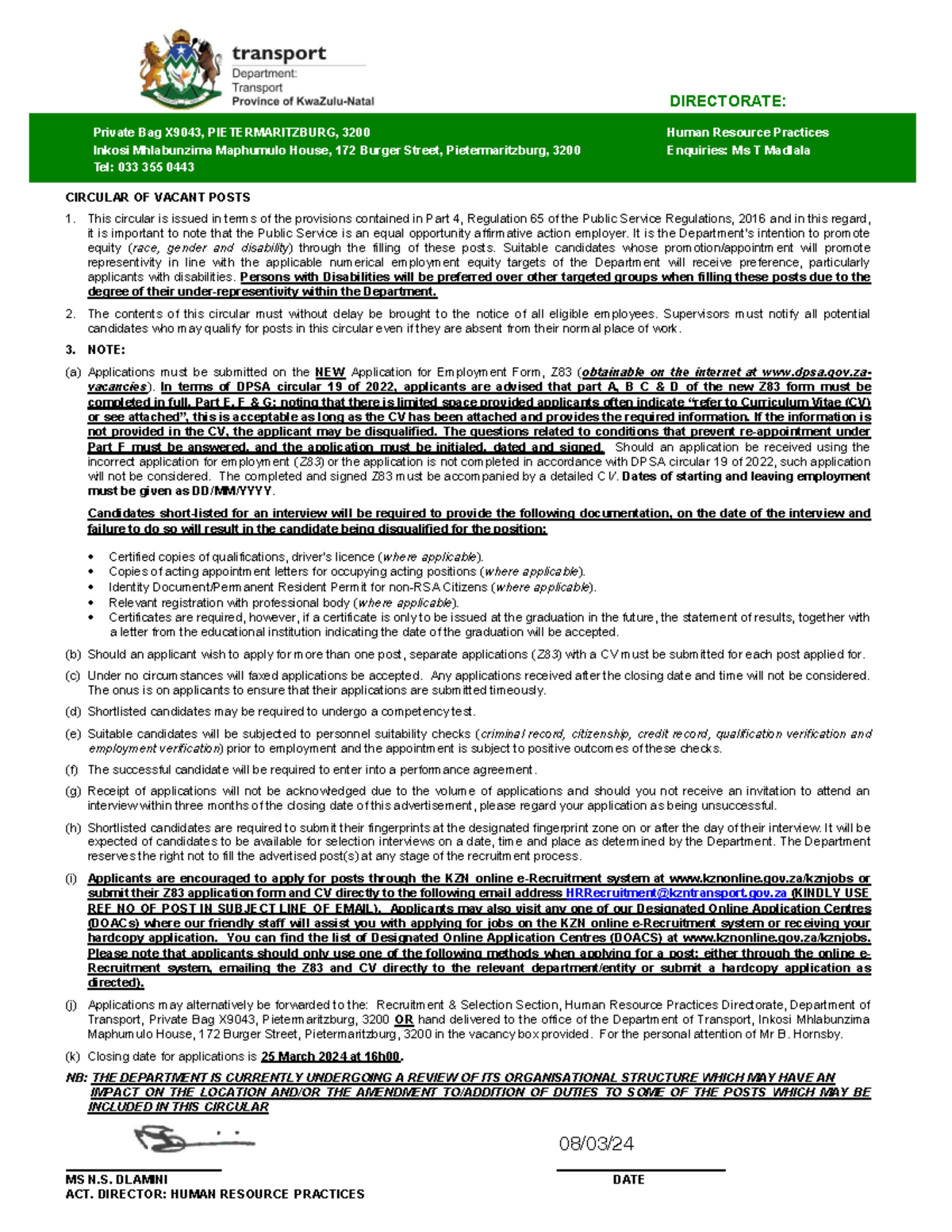 Department of Transport Circular: Vacancies & Application Guidelines (8 ...