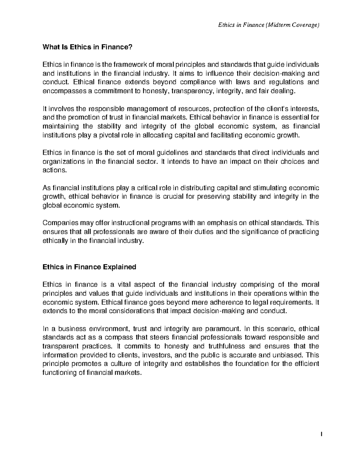 Ethics-in-Finance Midterm Study Notes: Key Concepts & Theories - Studocu