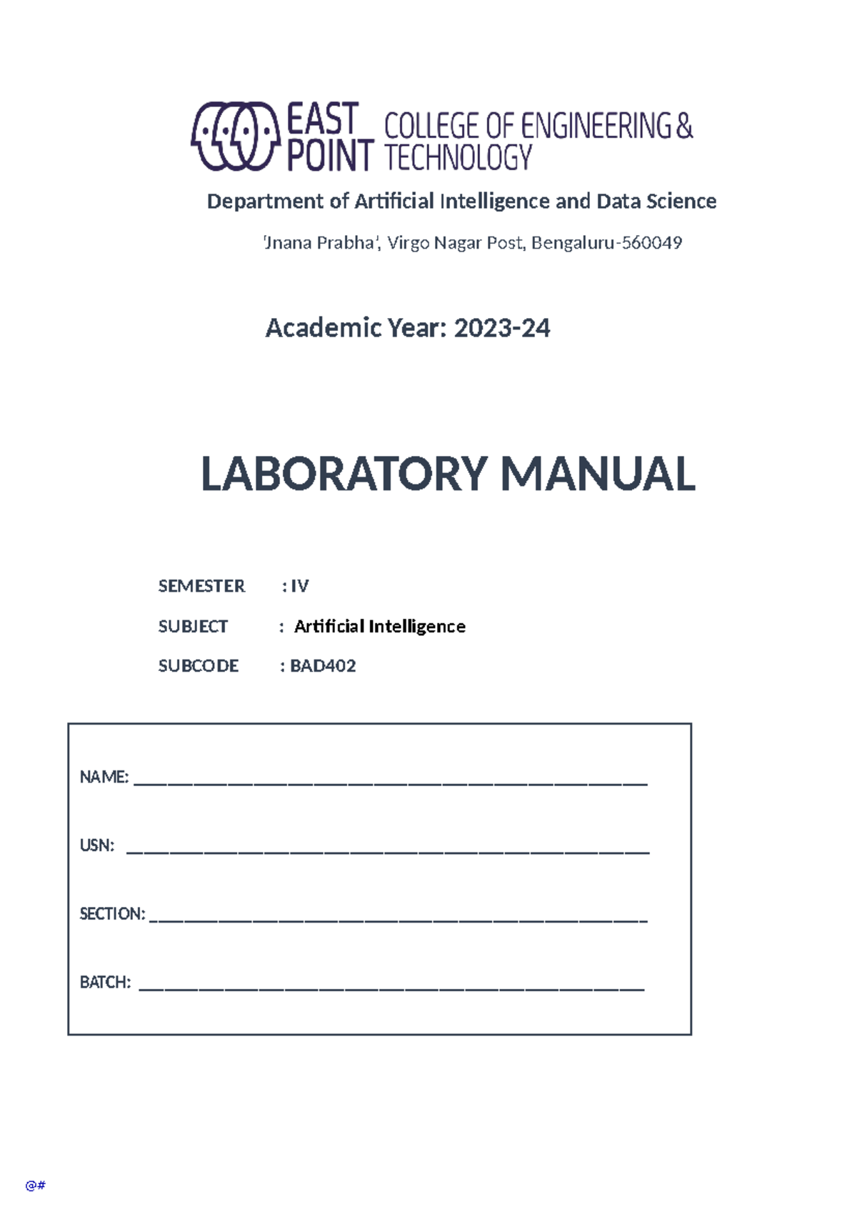 Artificial Intelligence Lab Manual: Semester IV (Subcode: BAD) - Studocu