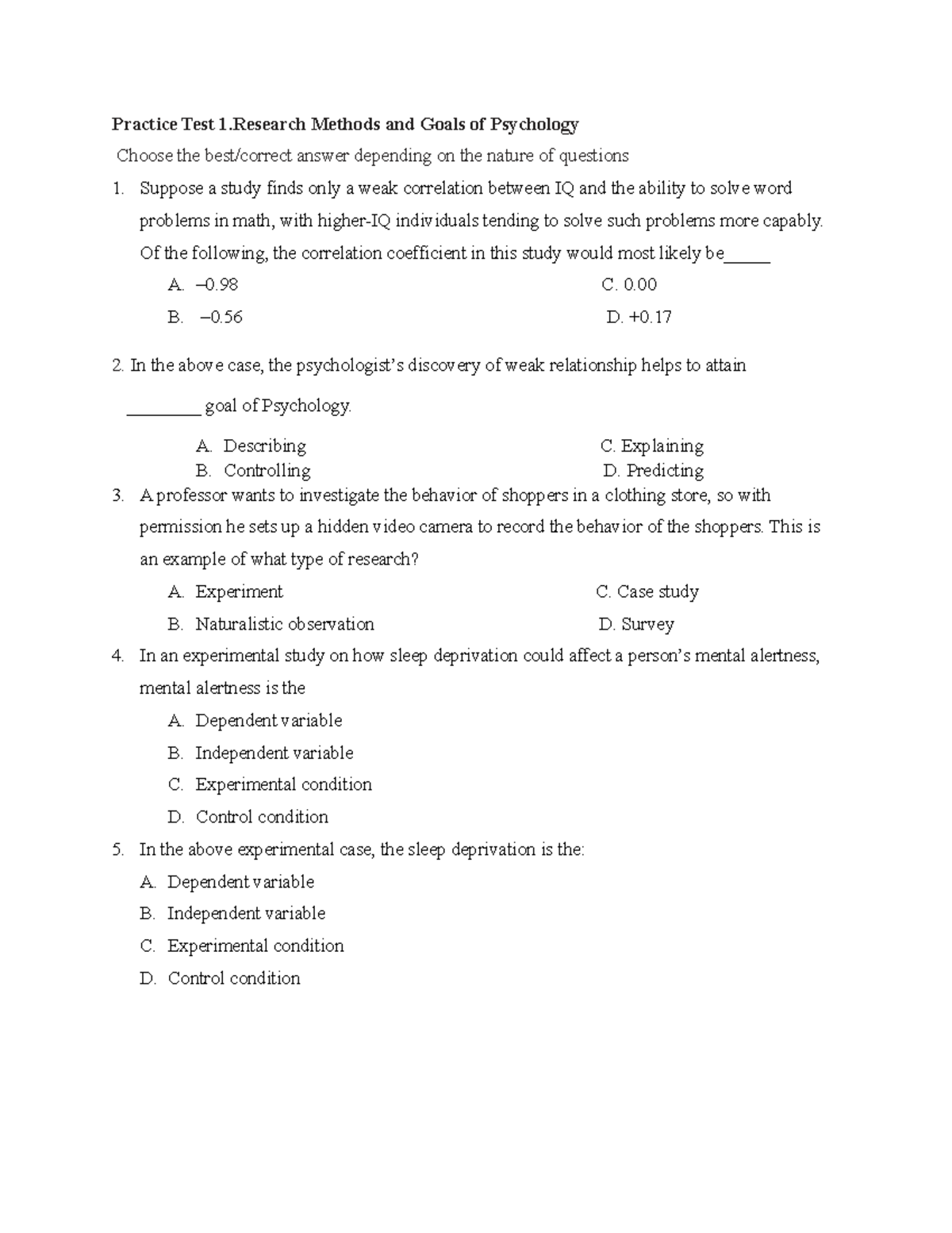 Psychology Worksheet 1: Research Methods & Goals (Chapter 1) - Studocu
