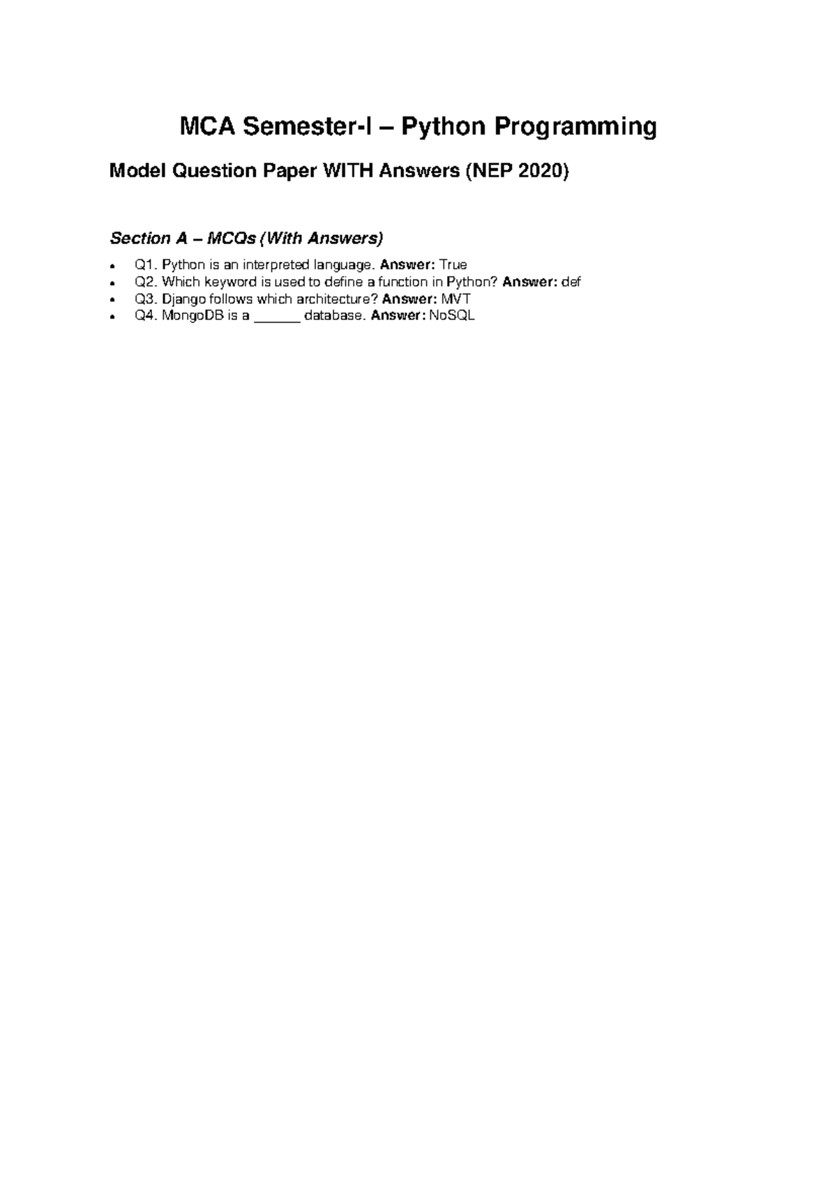 MCA Python Programming Model Question Paper & Answers (NEP 2020) - Studocu