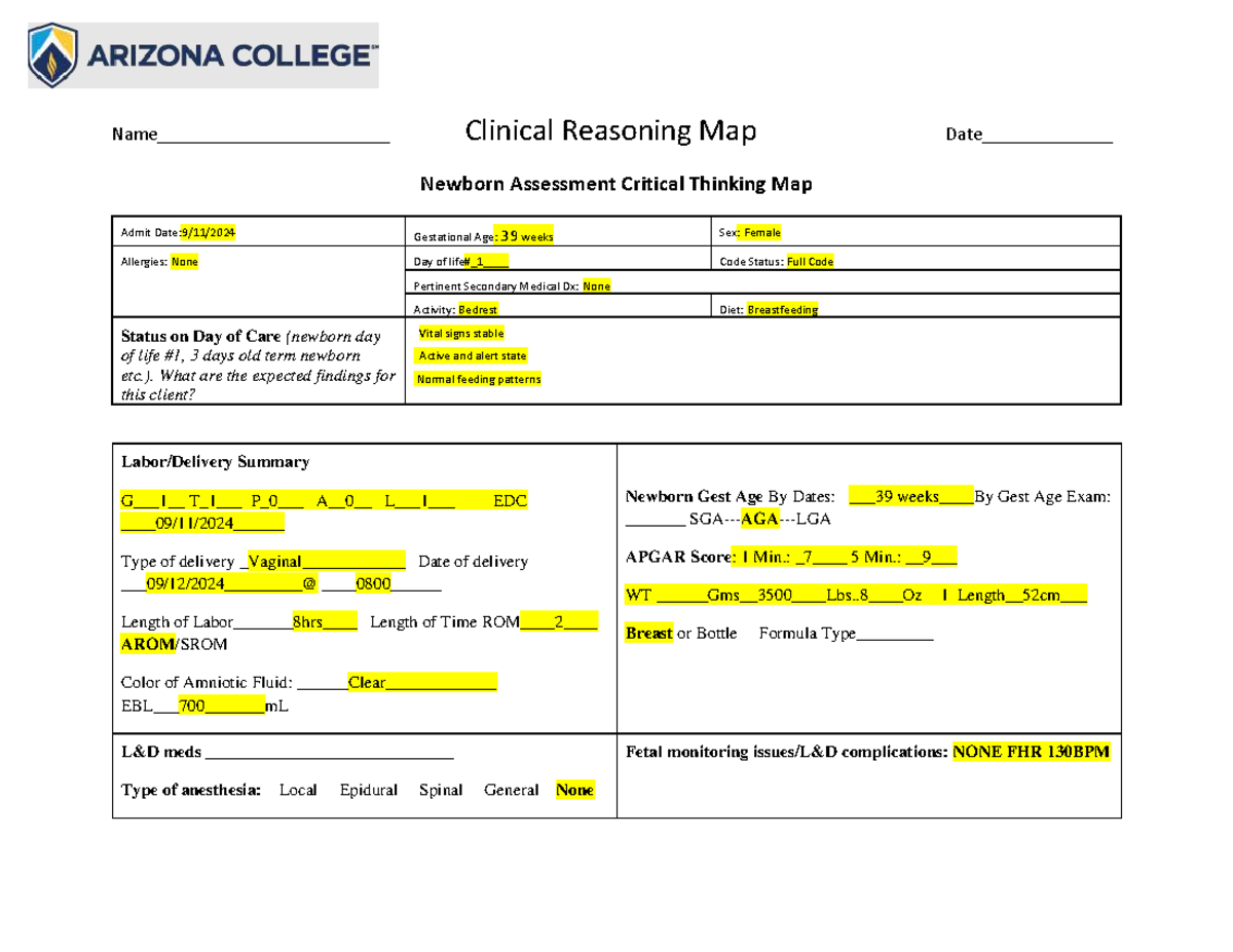Newborn Assessment Clinical Reasoning Map - Peds Clinical - Studocu