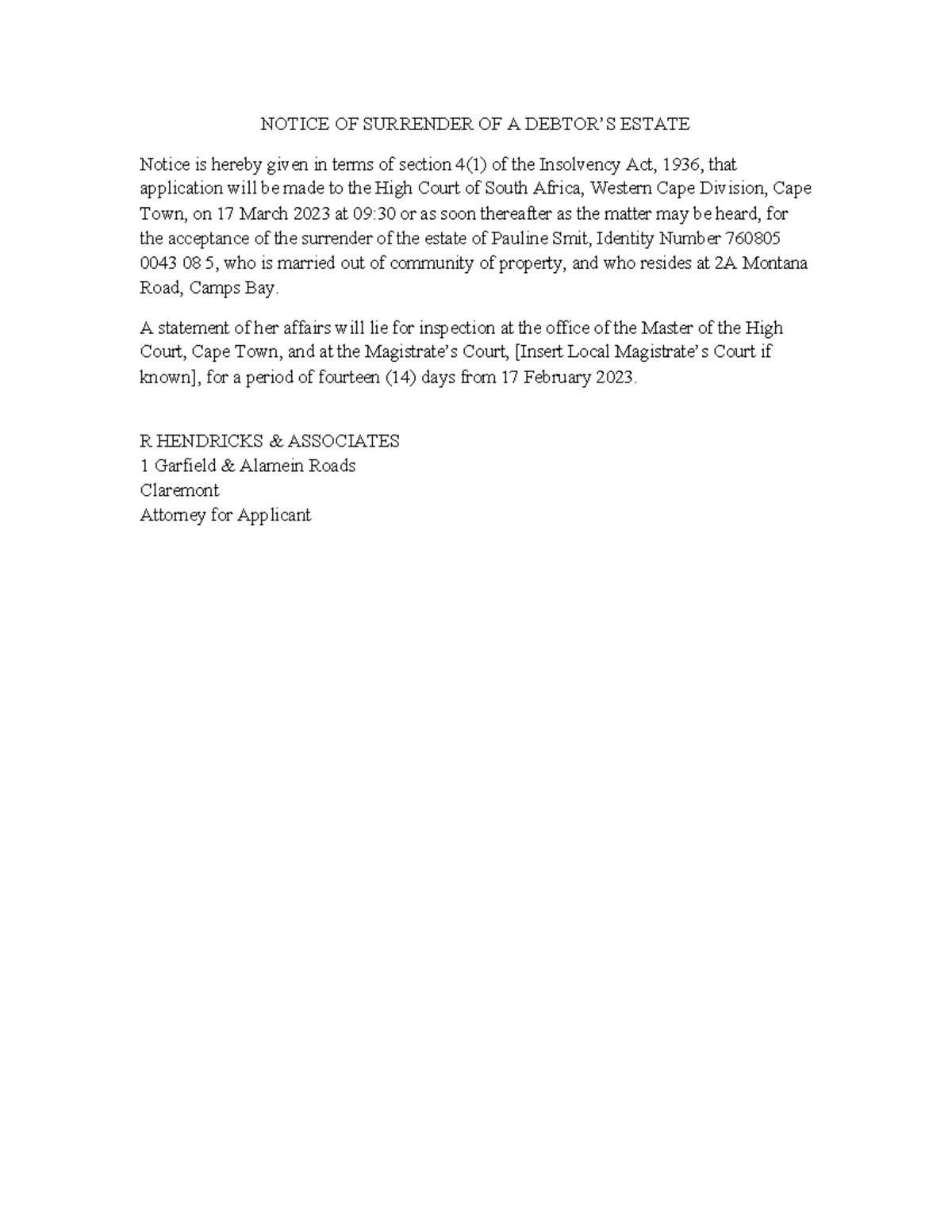 Notice of Surrender of Debtor's Estate - Example Document - Studocu