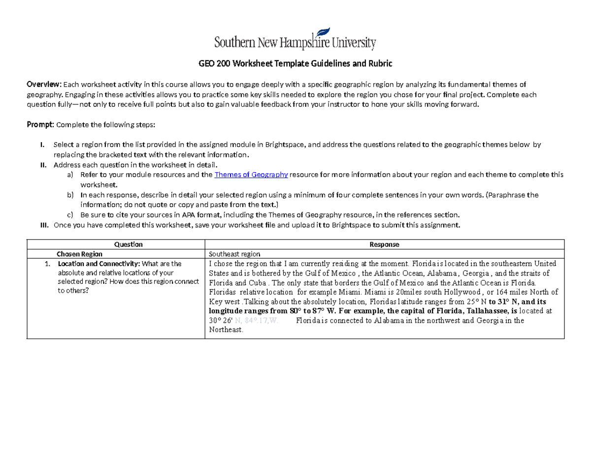 GEO 200 Southeast Region Worksheet Guidelines and Rubric Assignment ...