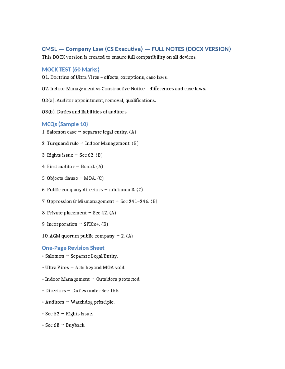 CMSL Company Law (CS Executive) Mock Test & Full Notes - Studocu