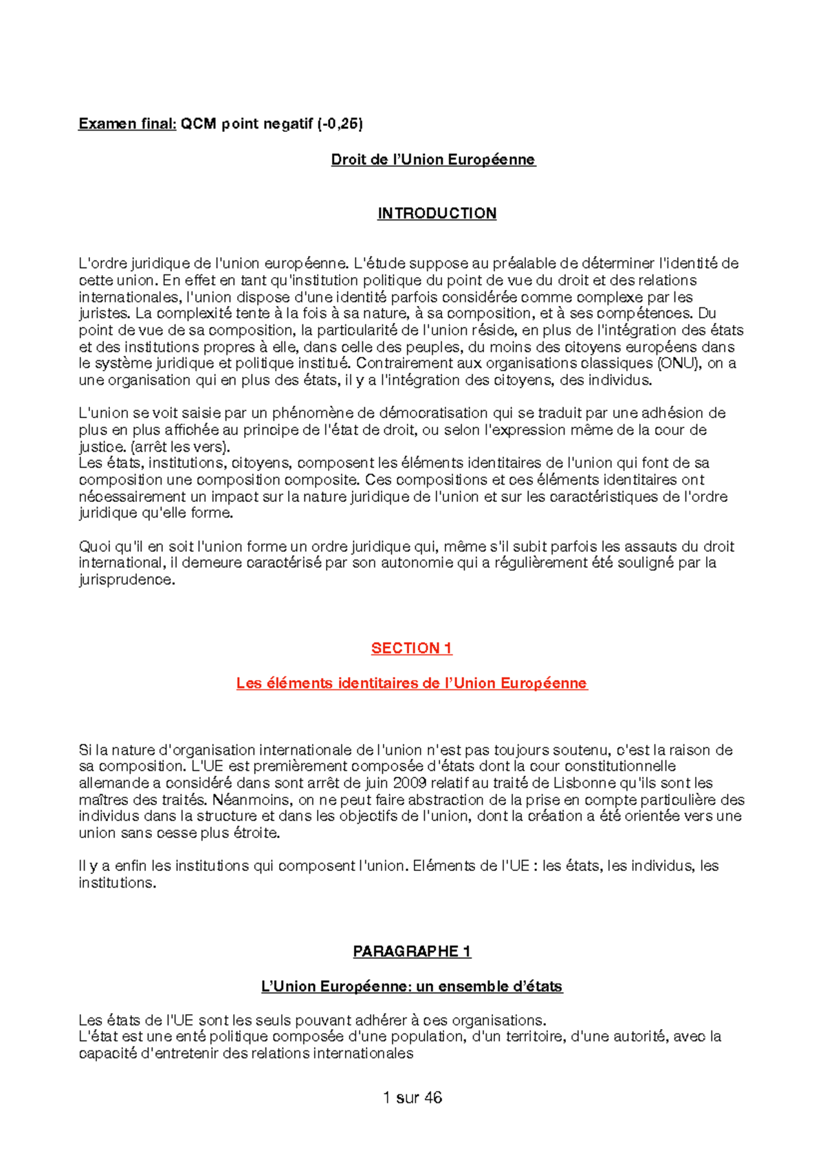 Droit de l'union européenne révision - Examen final: QCM point negatif ...