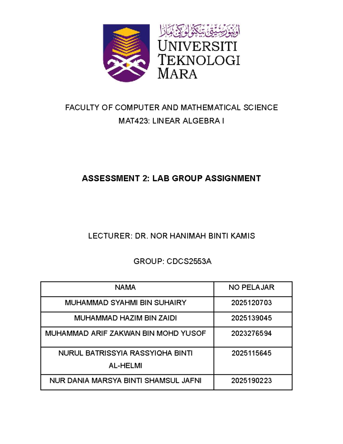 MAT423: Linear Algebra I Lab Group Assignment on Case Study Analysis - Studocu