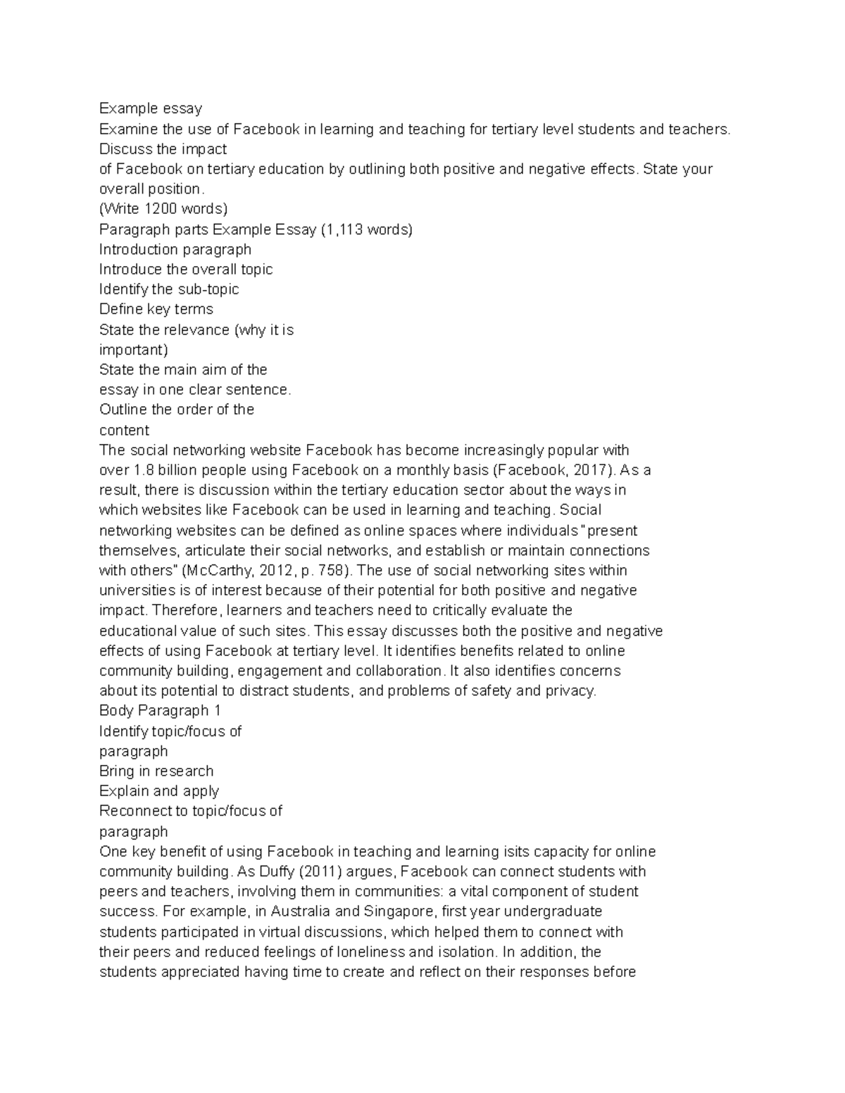 ENG 101: Essay on Facebook's Impact in Tertiary Education - Studocu
