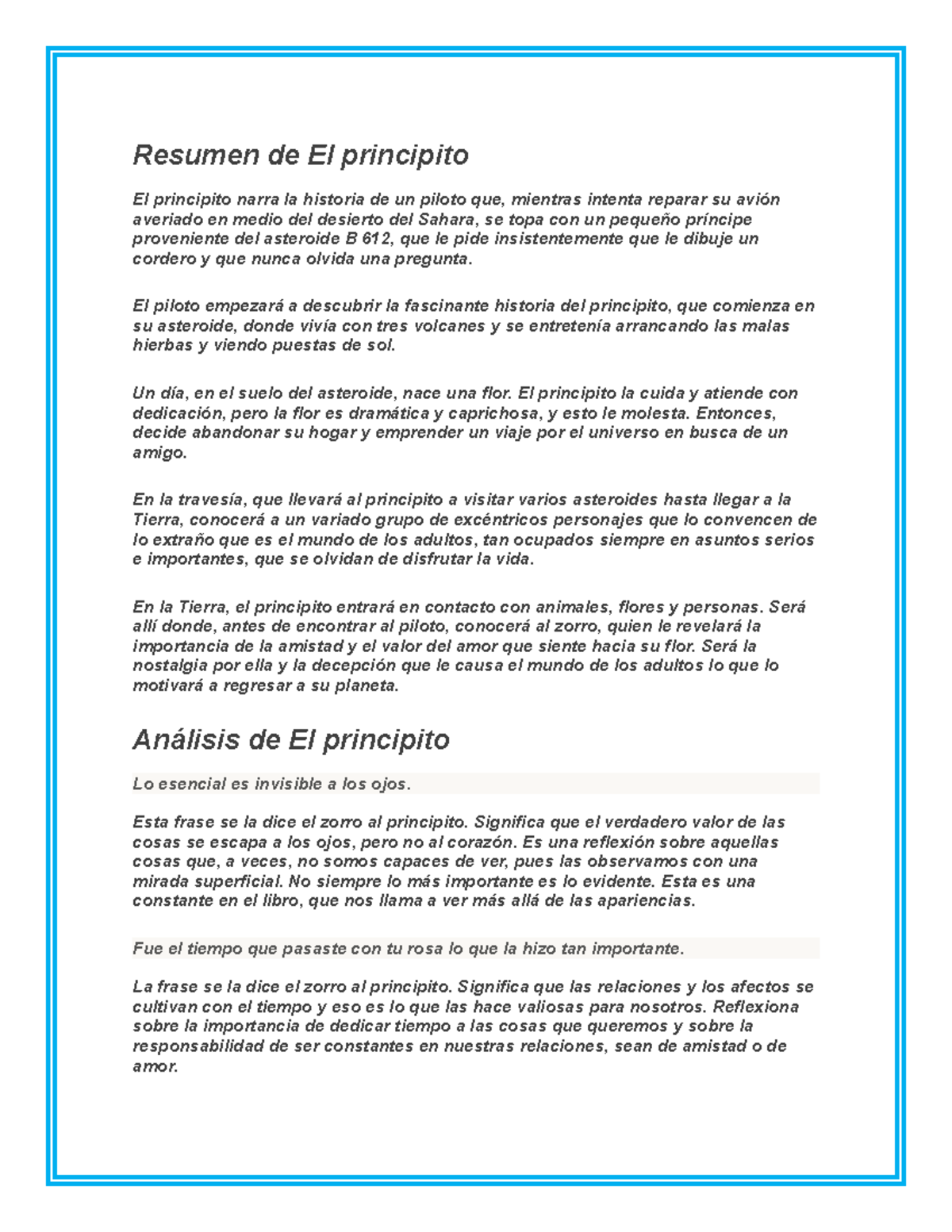 Resumen y Análisis de "El Principito" - Literatura 101 - Studocu
