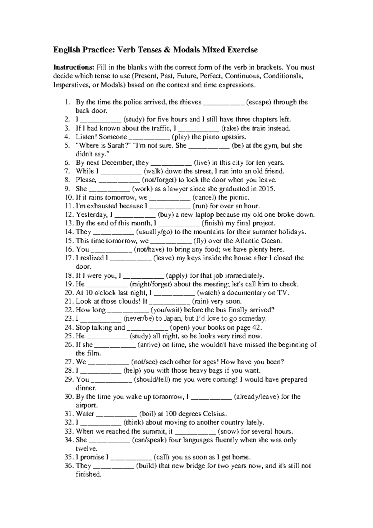English Practice: Verb Tenses Modals Mixed Exercise (ENG 101) - Studocu