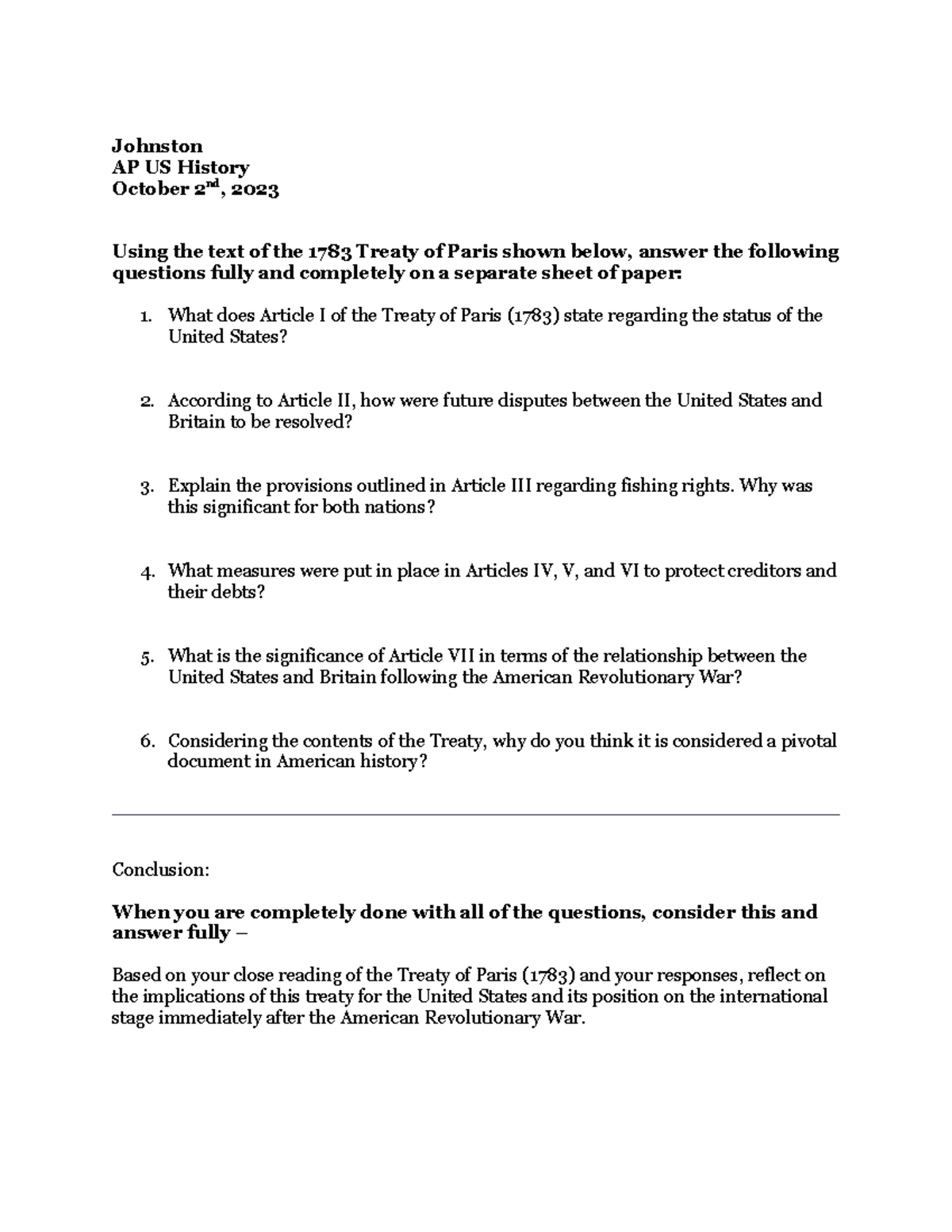 AP US History Treaty of Paris (1783) Worksheet and Questions - Studocu