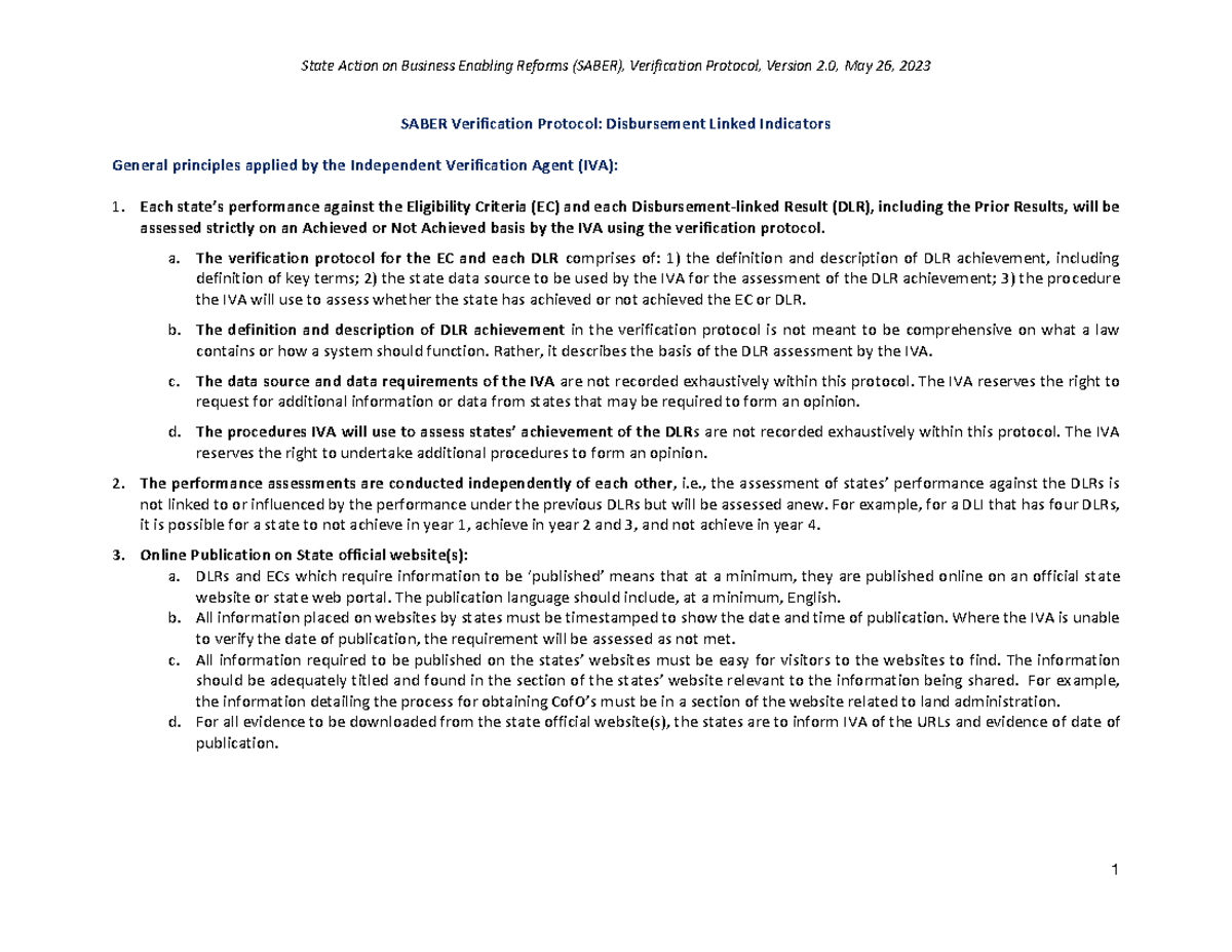 SABER Verification Protocols: Assessment of DLRs & ECs - 260523 - Studocu