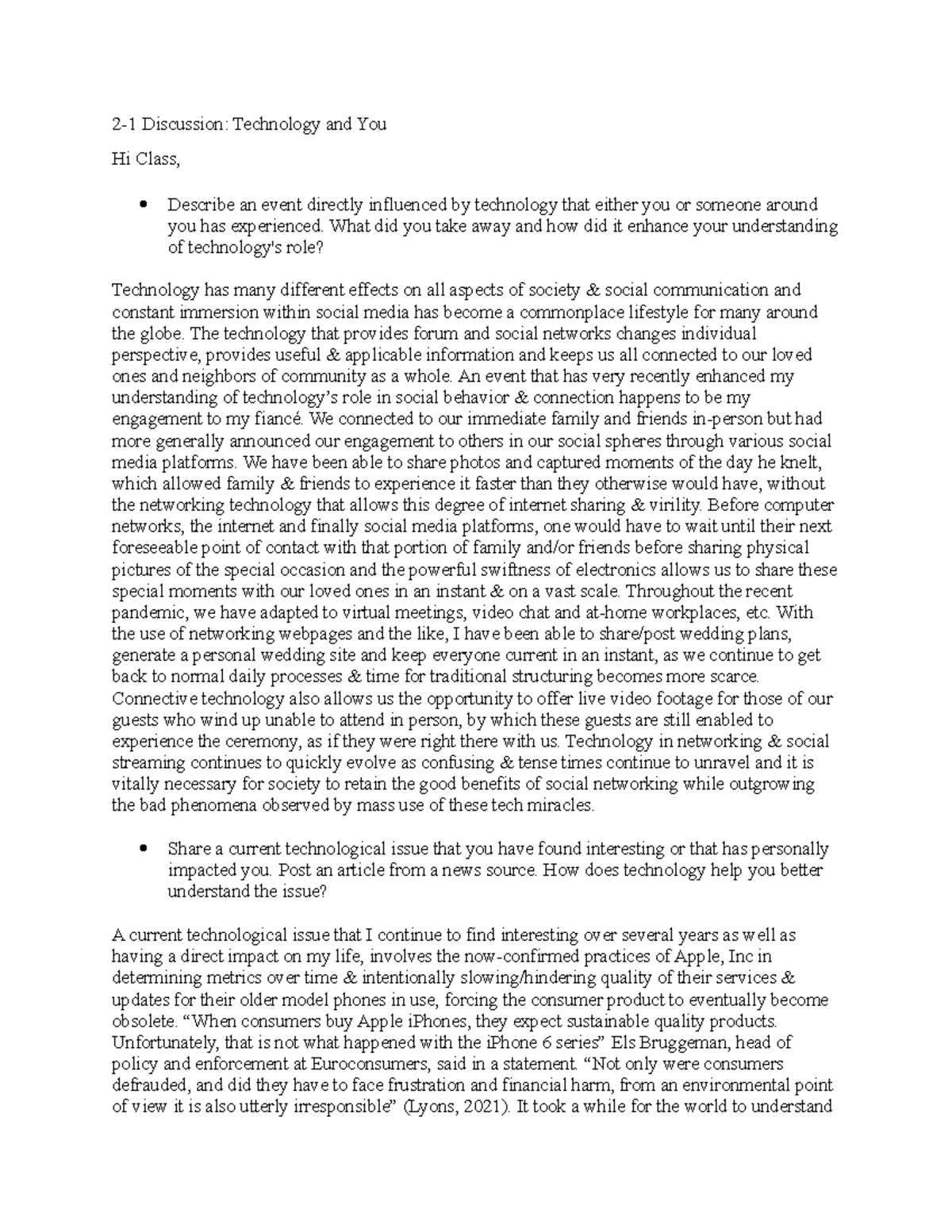 2-1 Discussion: Exploring Technology's Impact on Society & Connections ...