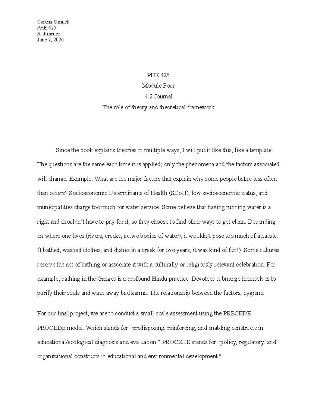 PHE 425 Module 4 Journal: The Role of Theory in Public Health - Studocu