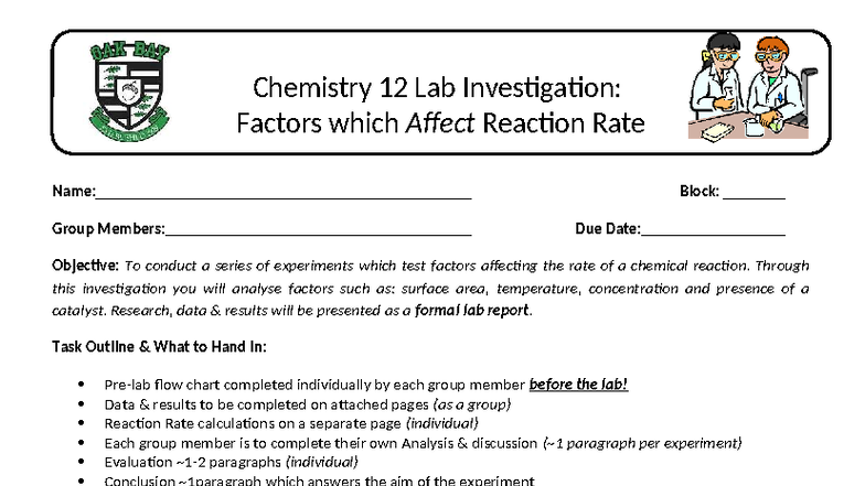 Chemistry 12 Lab Investigation: Factors Affecting Reaction Rate - Studocu